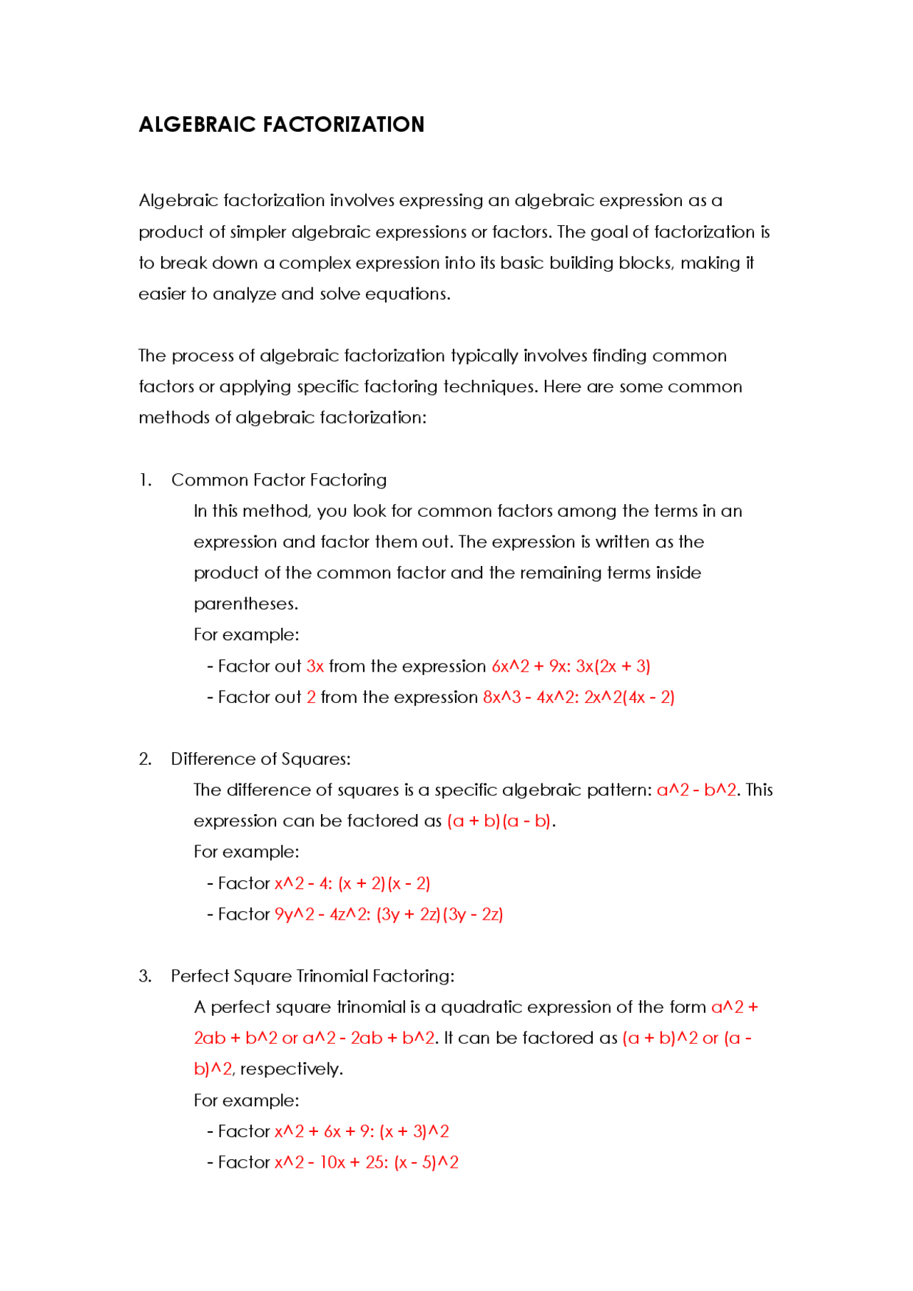 Algebraic Factorization Lecture Notes Mathematics Docsity
