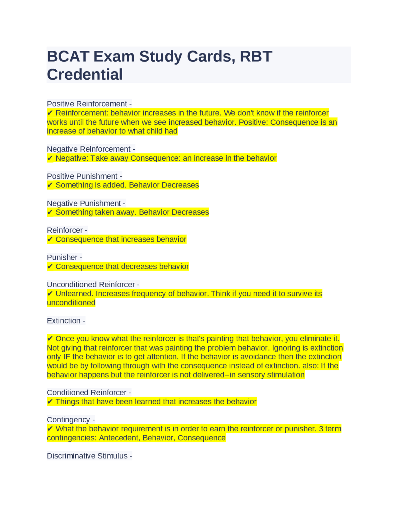 BCAT Exam Study Cards, RBT Credential | Exams Nursing | Docsity