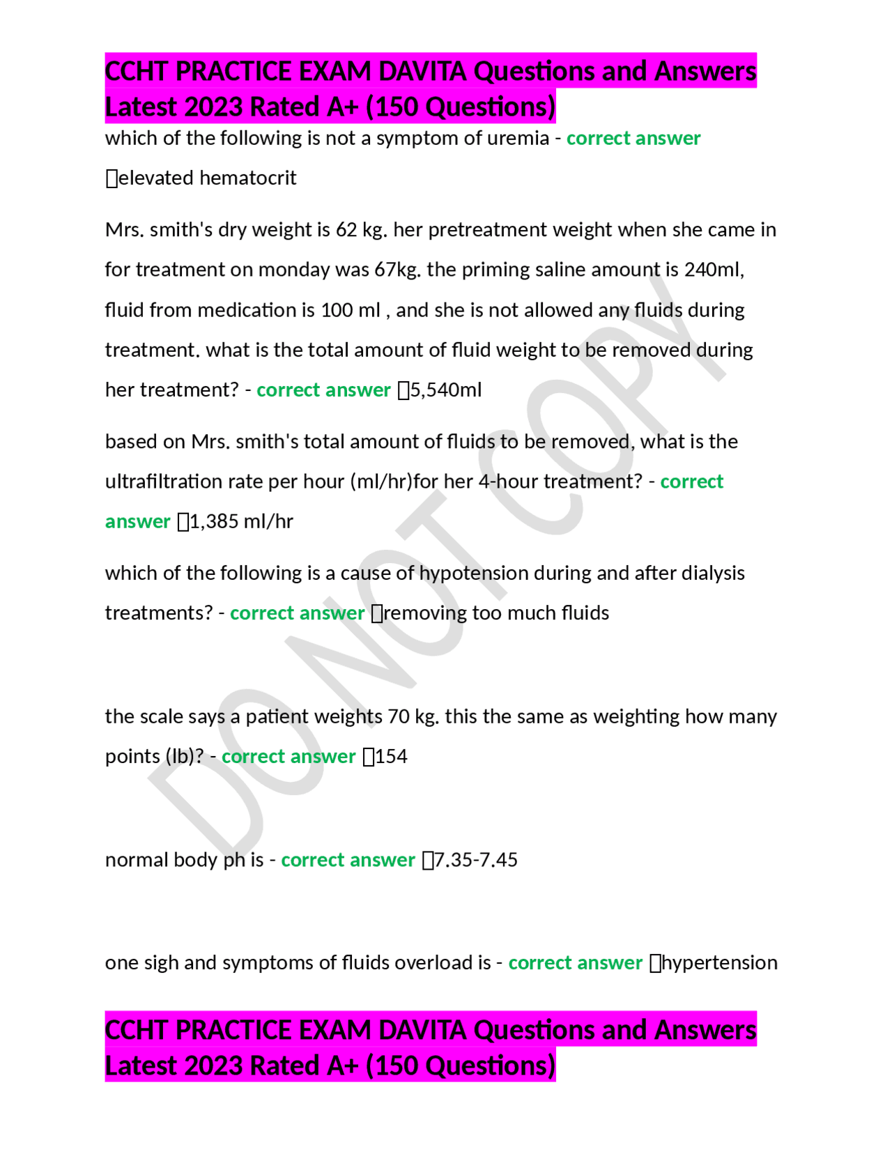 CCHT PRACTICE EXAM DAVITA Questions and Answers Latest 2023 Rated A+ ...