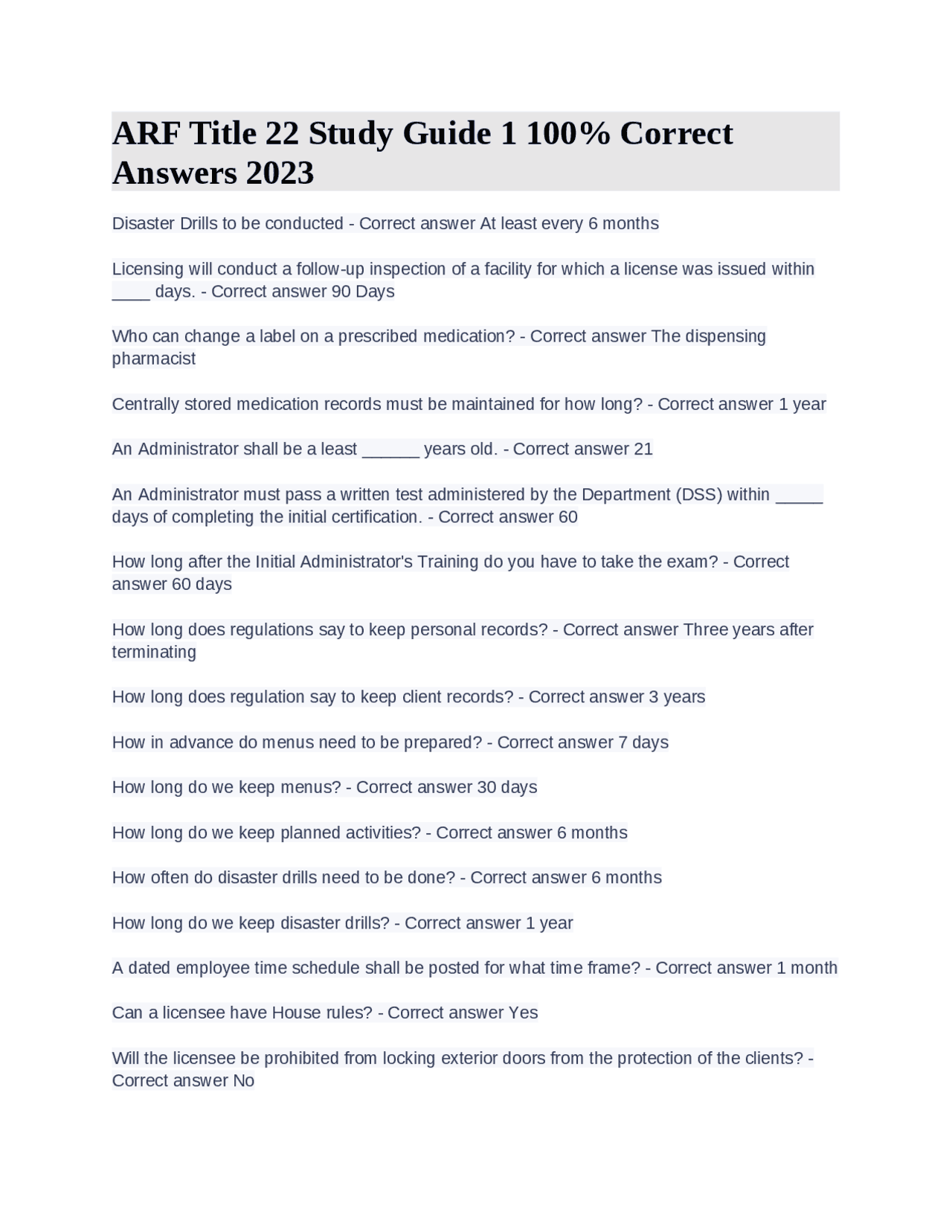 ARF Title 22 Study Guide 1 100% Correct Answers 2023 | Exams Law | Docsity