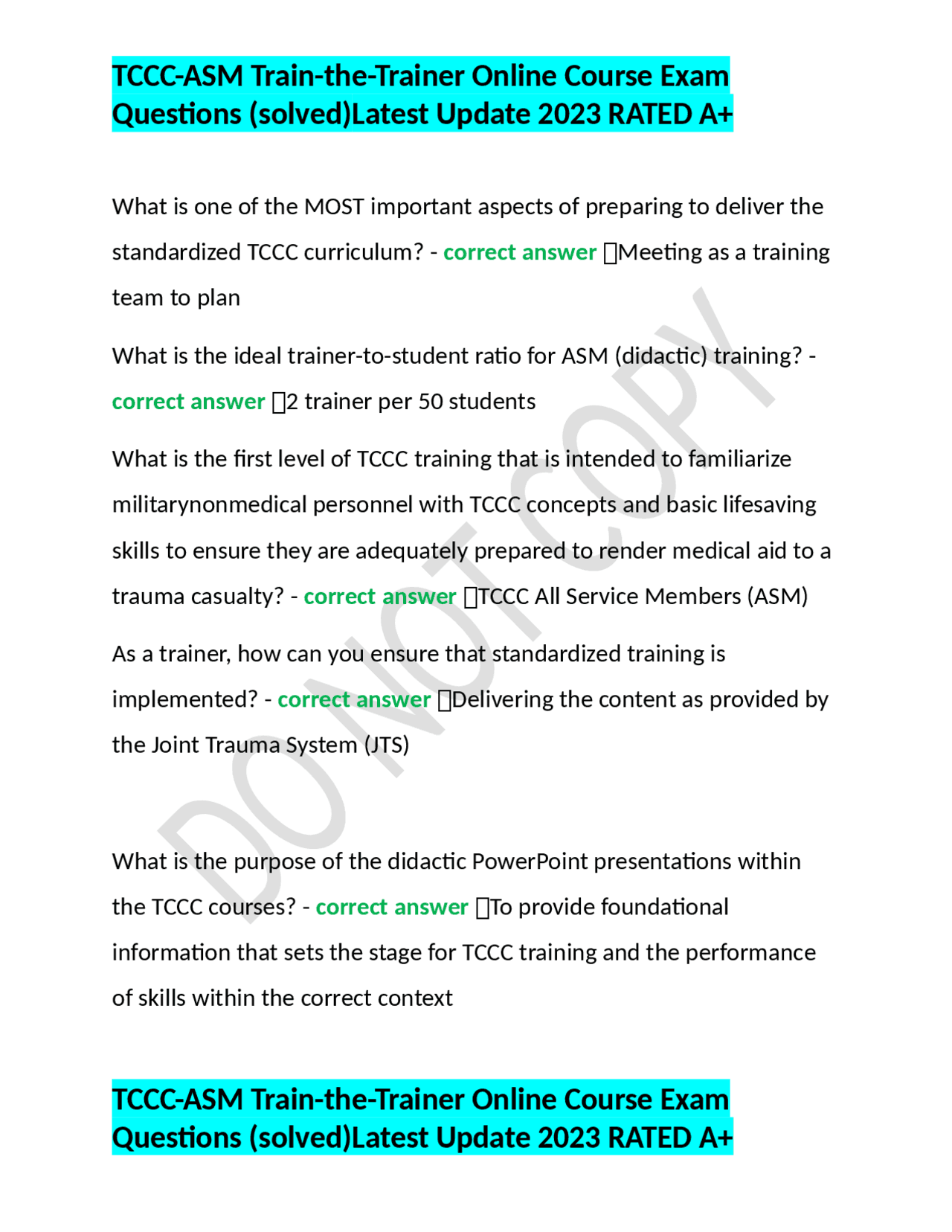 TCCC-ASM Train-the-Trainer Online Course Exam Questions (solved)Latest ...