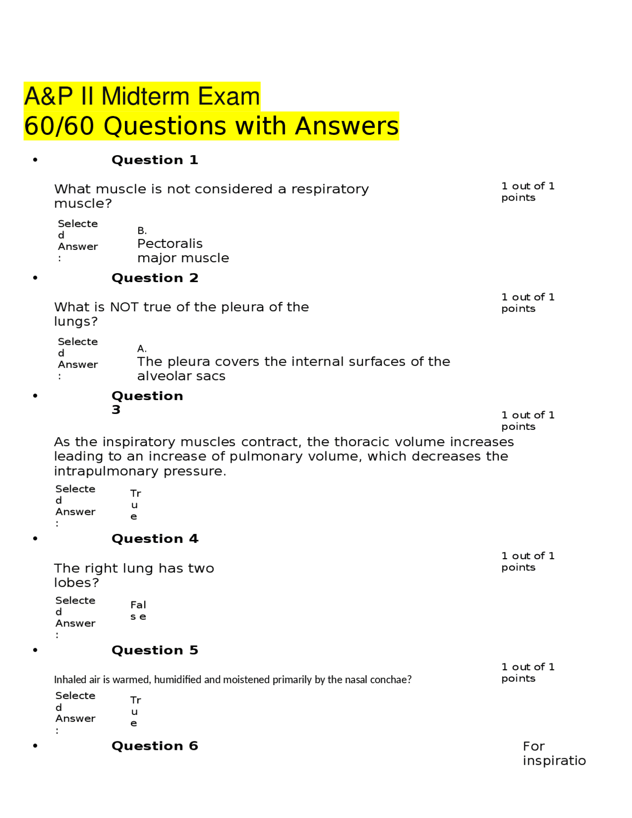 A&P II Midterm Exam 60/60 Questions with Answers | Exams Nursing | Docsity