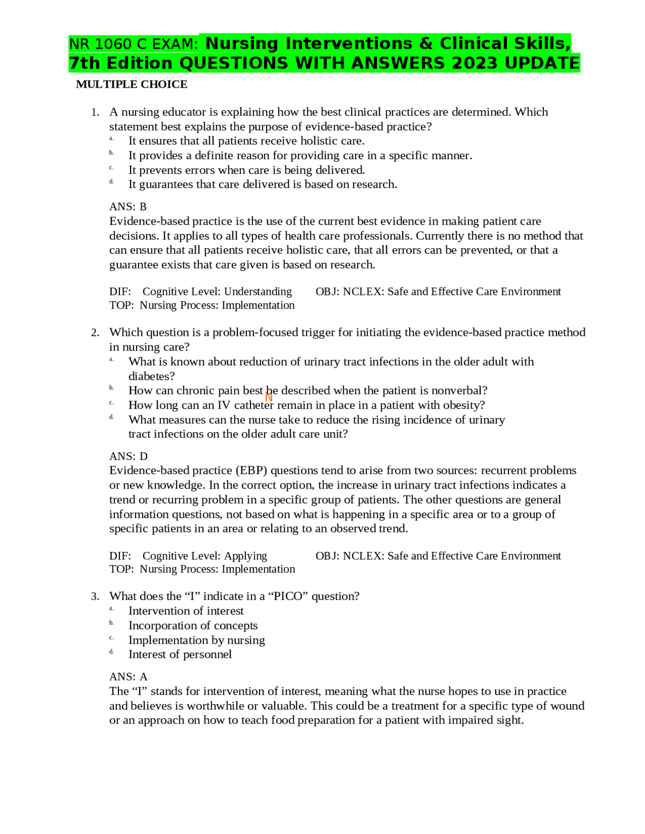 NR 1060 C EXAM: Nursing Interventions & Clinical Skills, 7th Edition ...