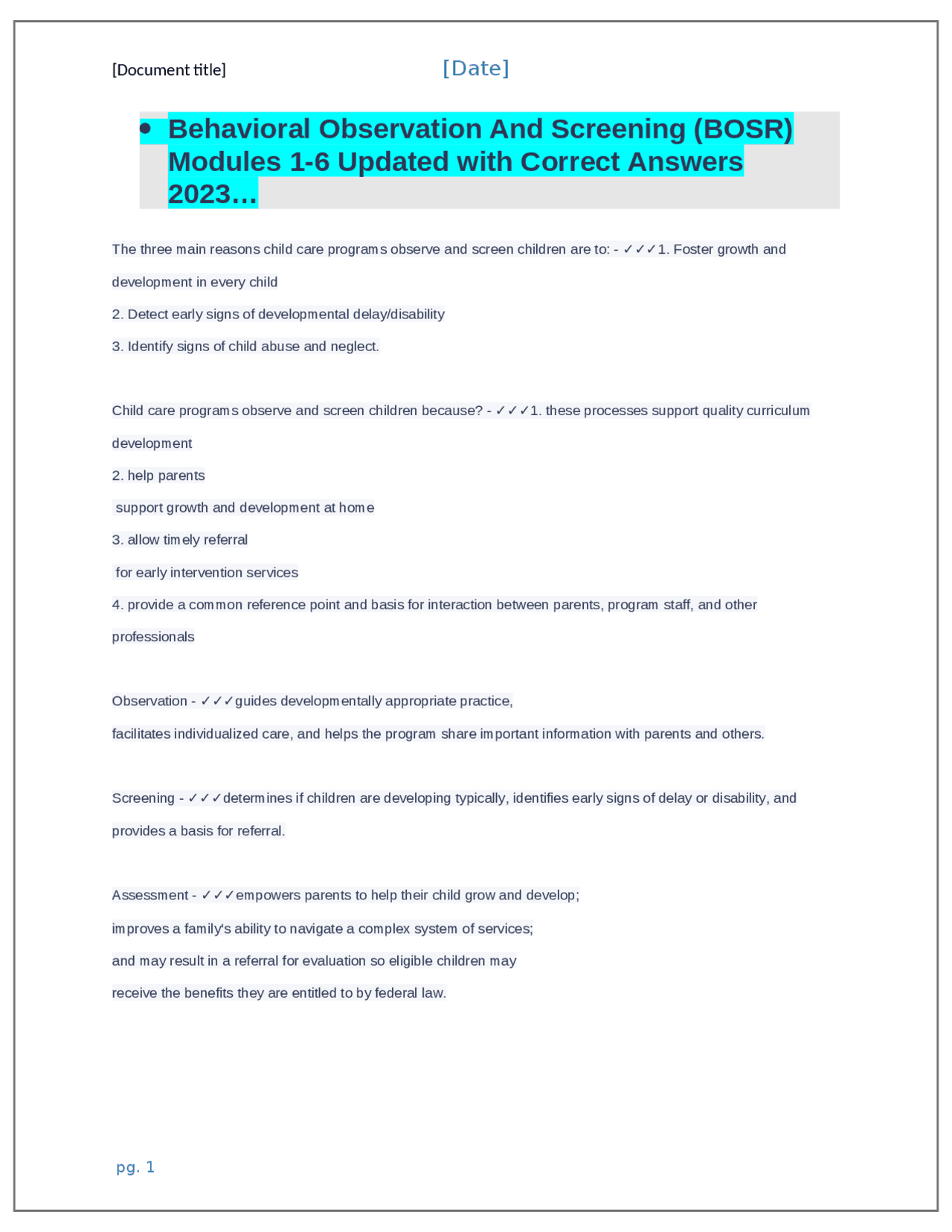 Behavioral Observation And Screening (BOSR) Modules 1-6 Updated with ...