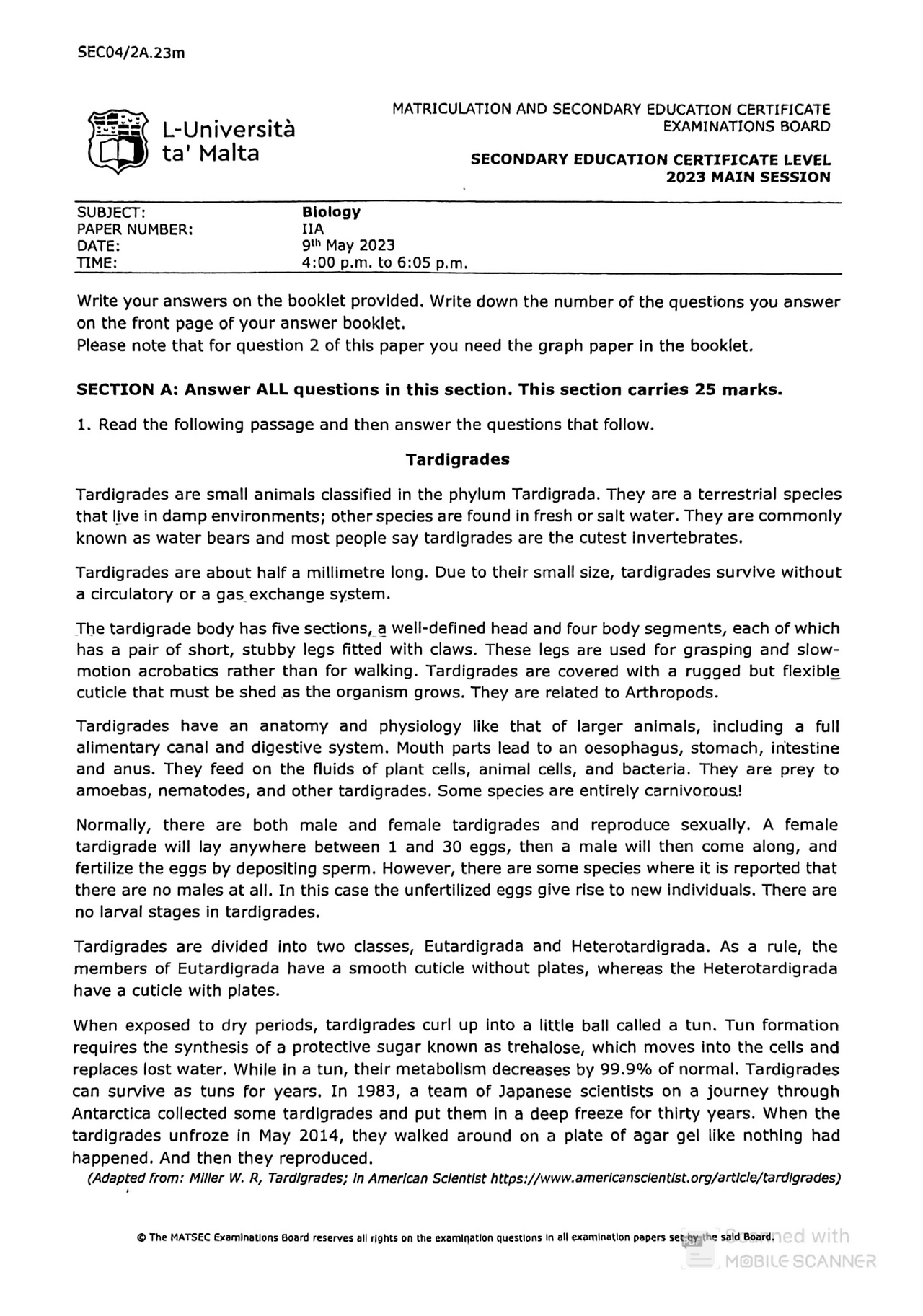 MATSEC BIOLOGY PAPER 2A 2023 EXAM PAPER | Exams Biology | Docsity