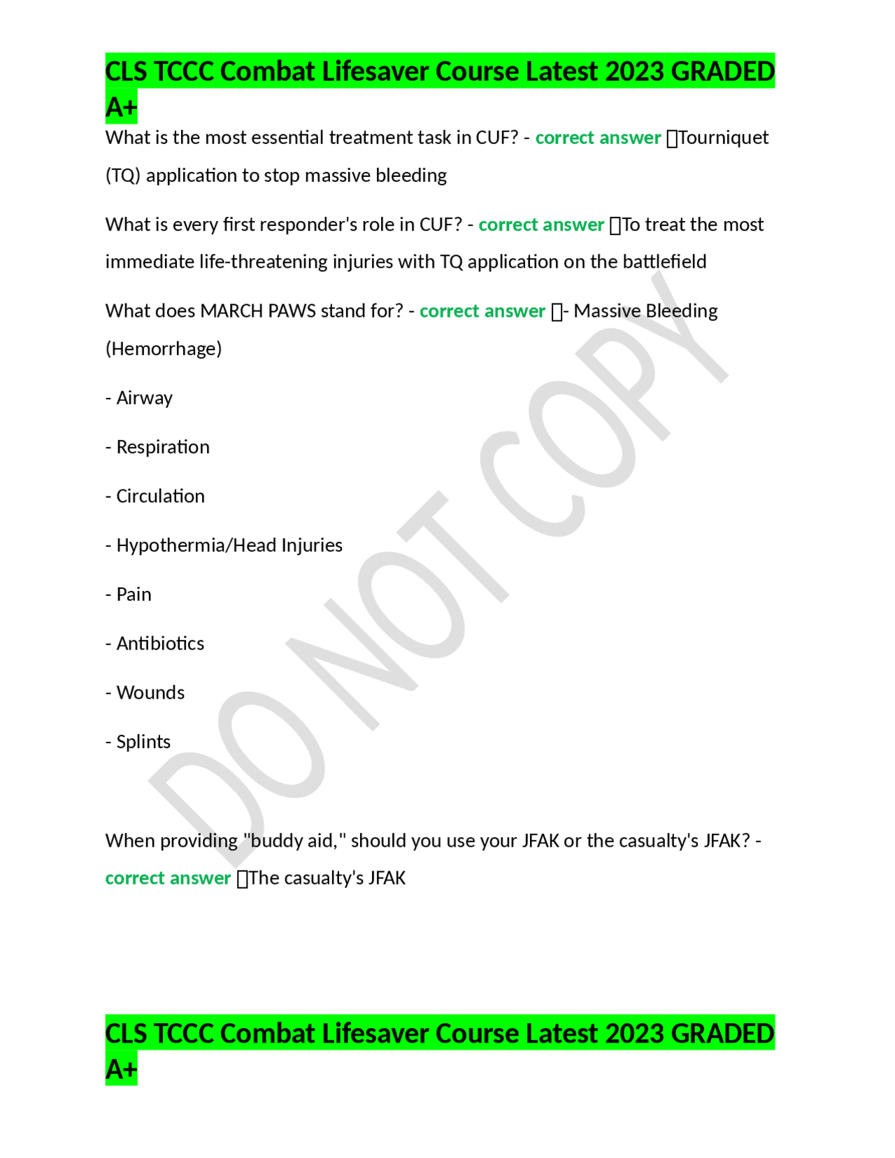 CLS TCCC Combat Lifesaver Course Latest 2023 GRADED A+ | Exams Nursing ...