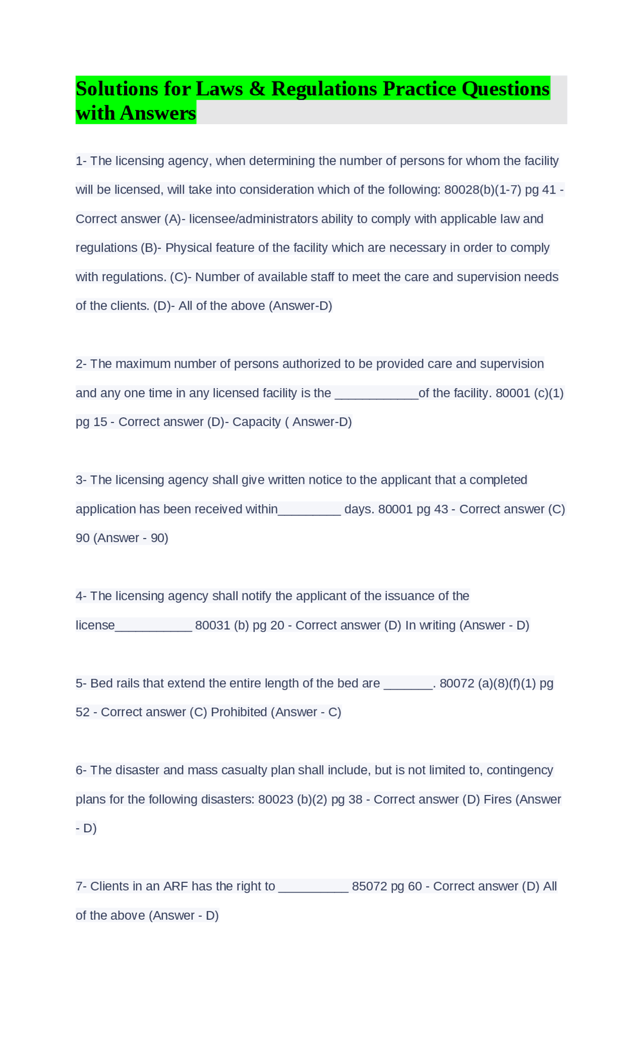 Solutions for Laws & Regulations Practice Questions with Answers ...