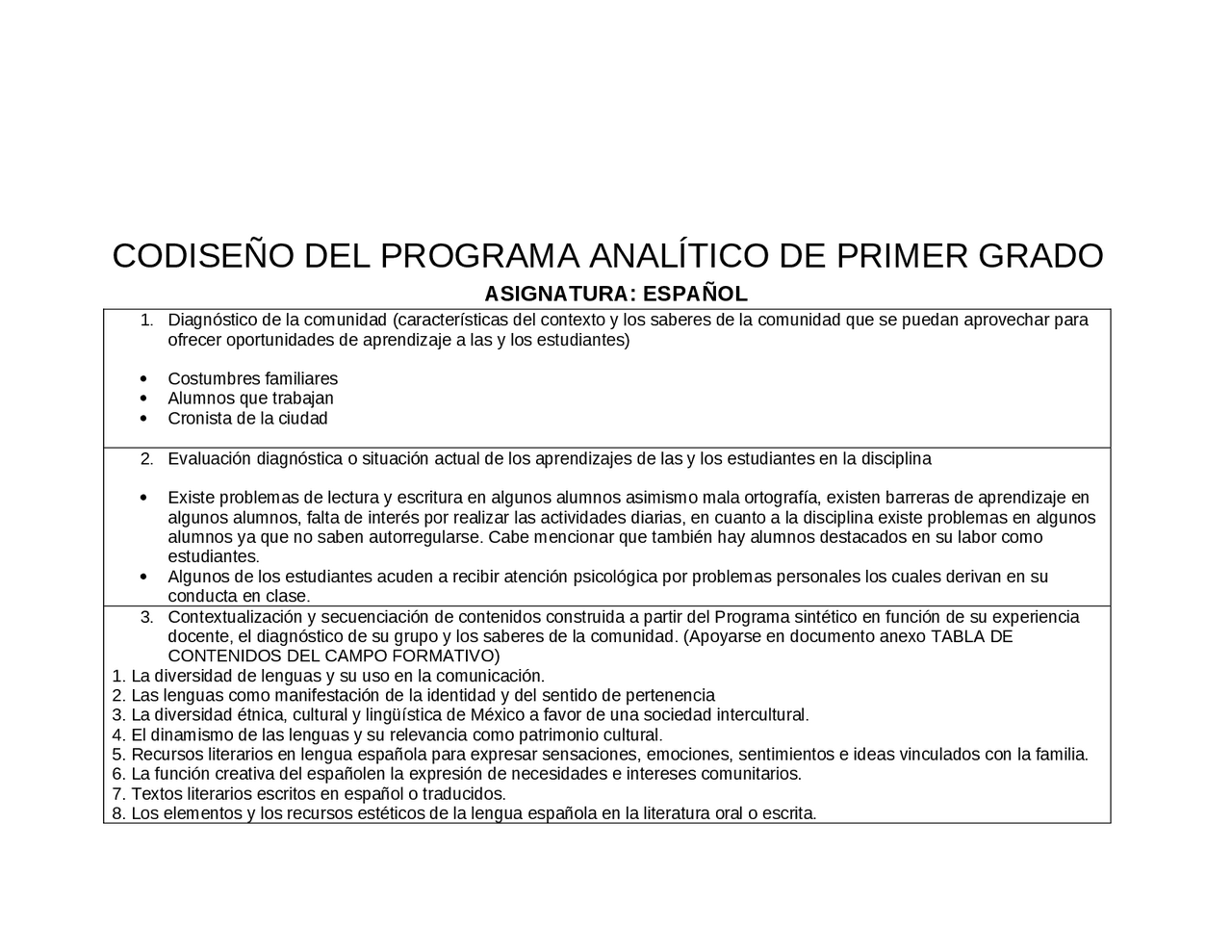 Programa Analítico De La Asignatura De Español Primer Año De Secundaria