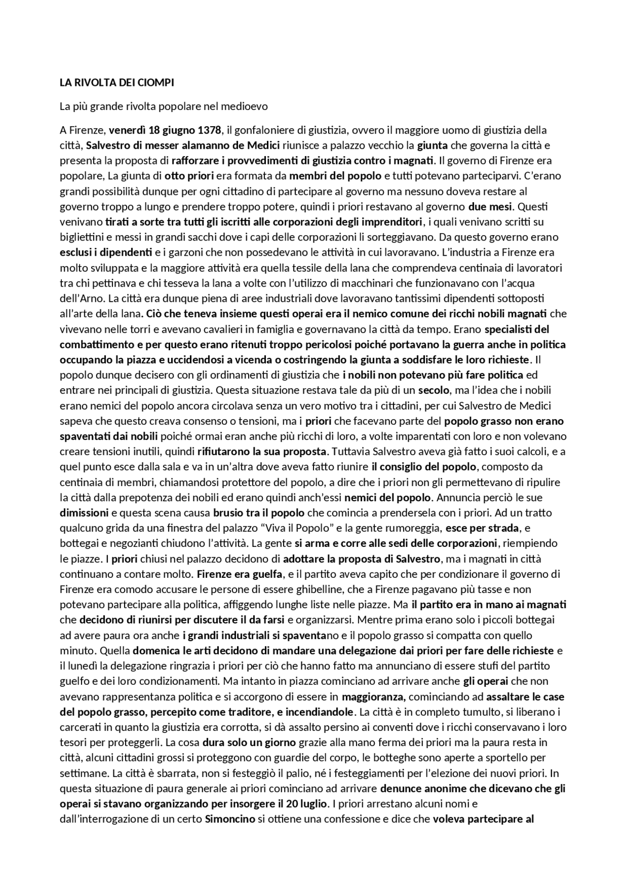 LA RIVOLTA DEI CIOMPI | Appunti di Storia | Docsity