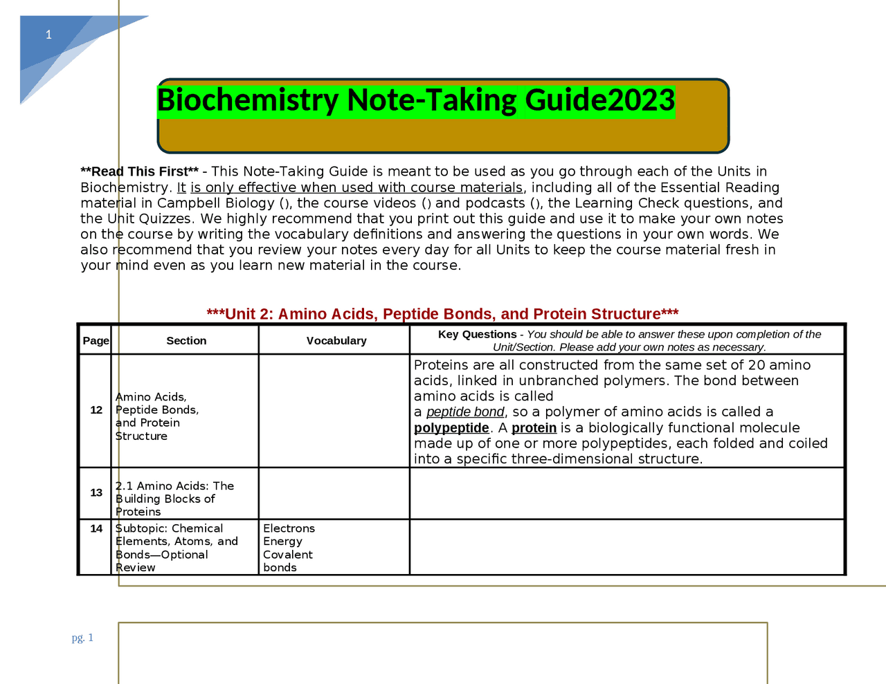 Biochemistry Note-Taking Guide2023 | Exams Biology | Docsity