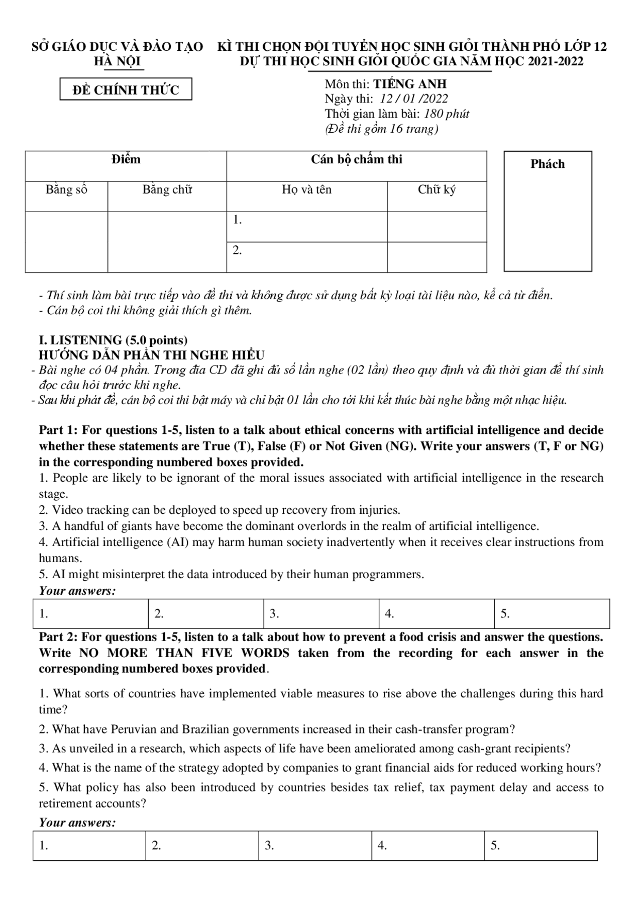 De thi chon doi tuyen hoc sinh gioir quoc gia | Exercises English | Docsity