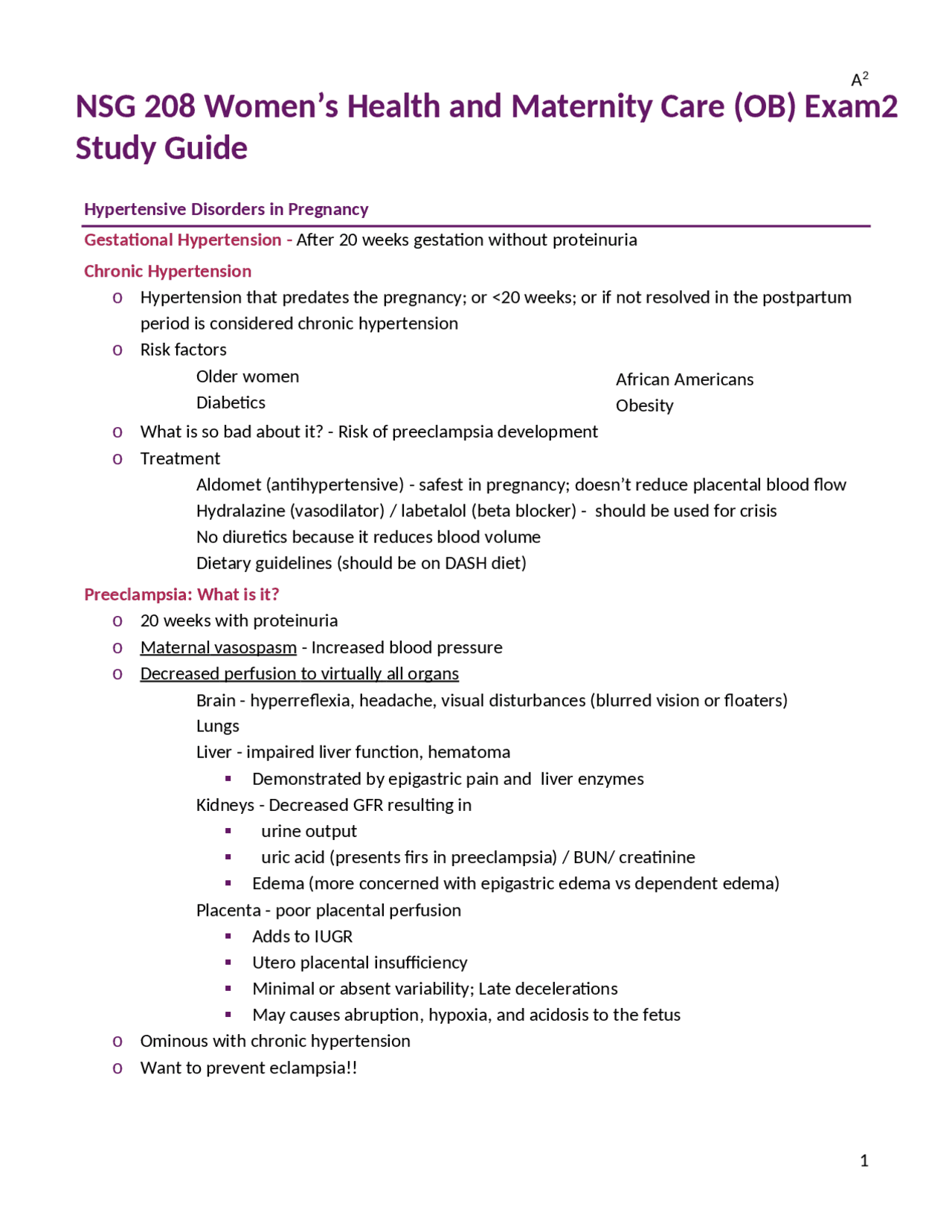 NSG 208 Women’s Health and Maternity Care (OB) Exam2 Study Guide ...