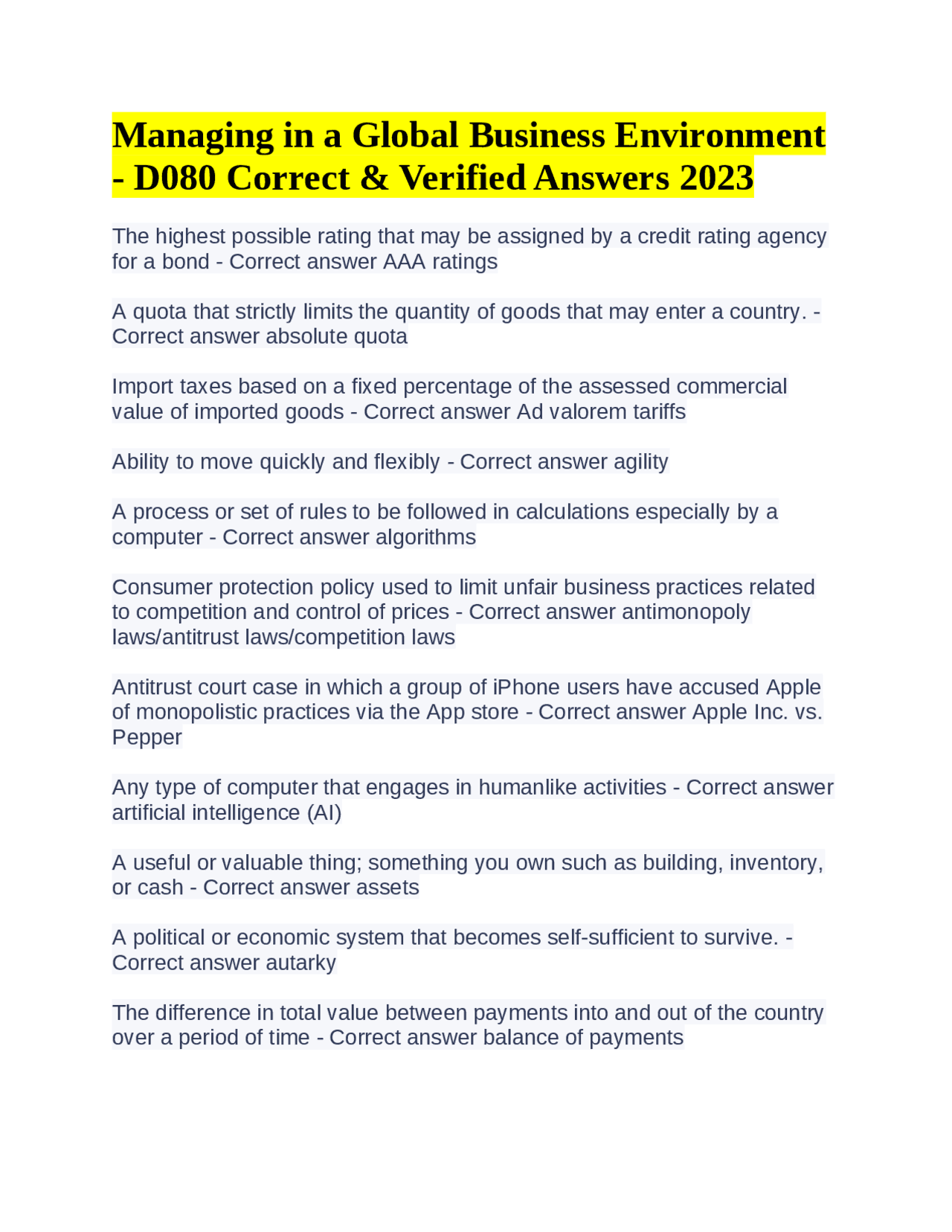 Managing in a Global Business Environment - D080 Correct & Verified ...