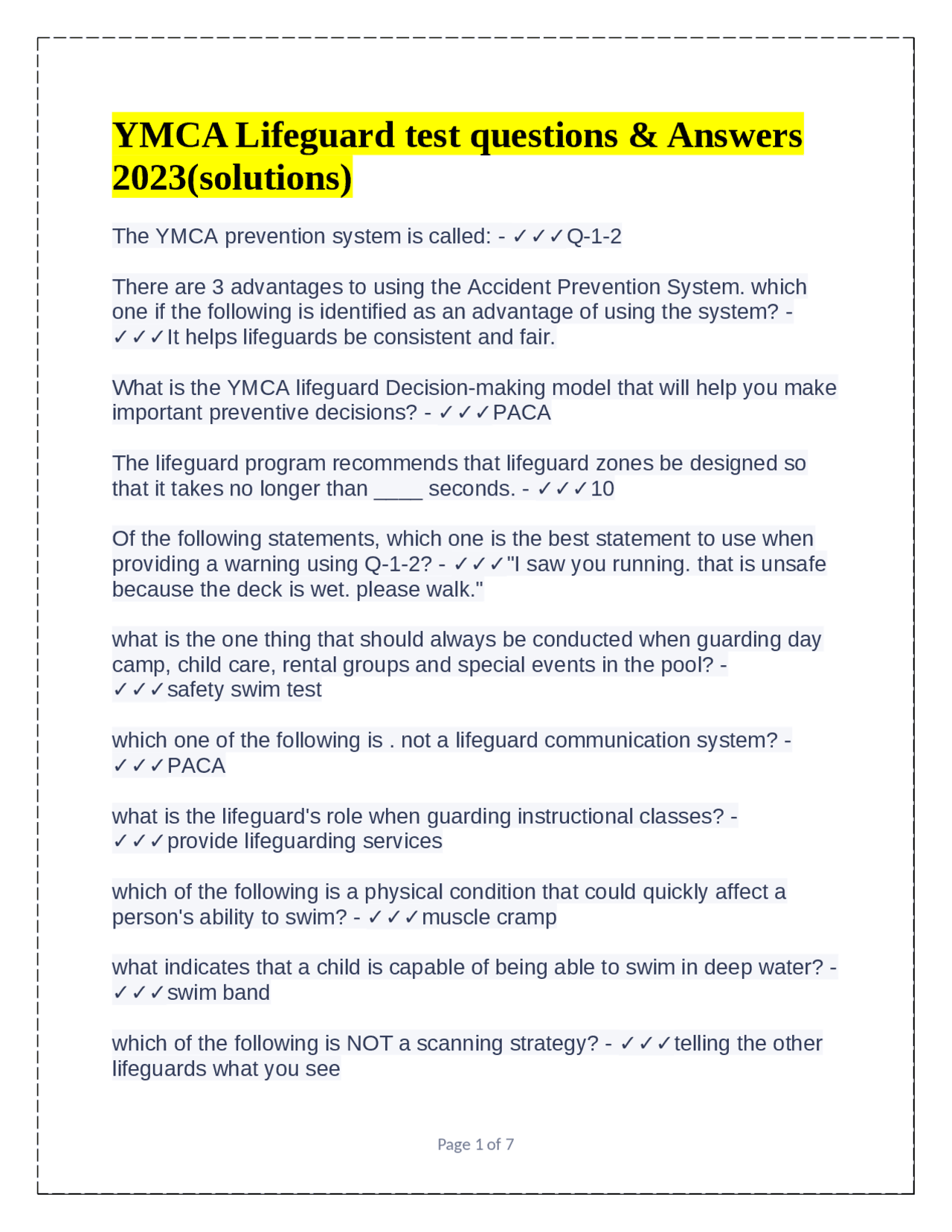 YMCA Lifeguard test questions & Answers 2023(solutions) | Exams Health ...