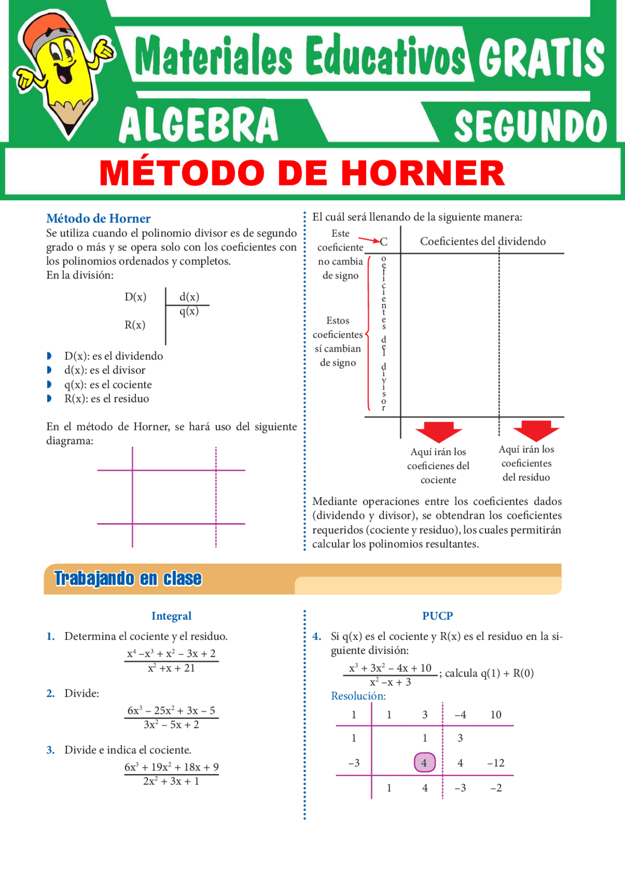 Método Horner: polinomios | Ejercicios de Álgebra | Docsity