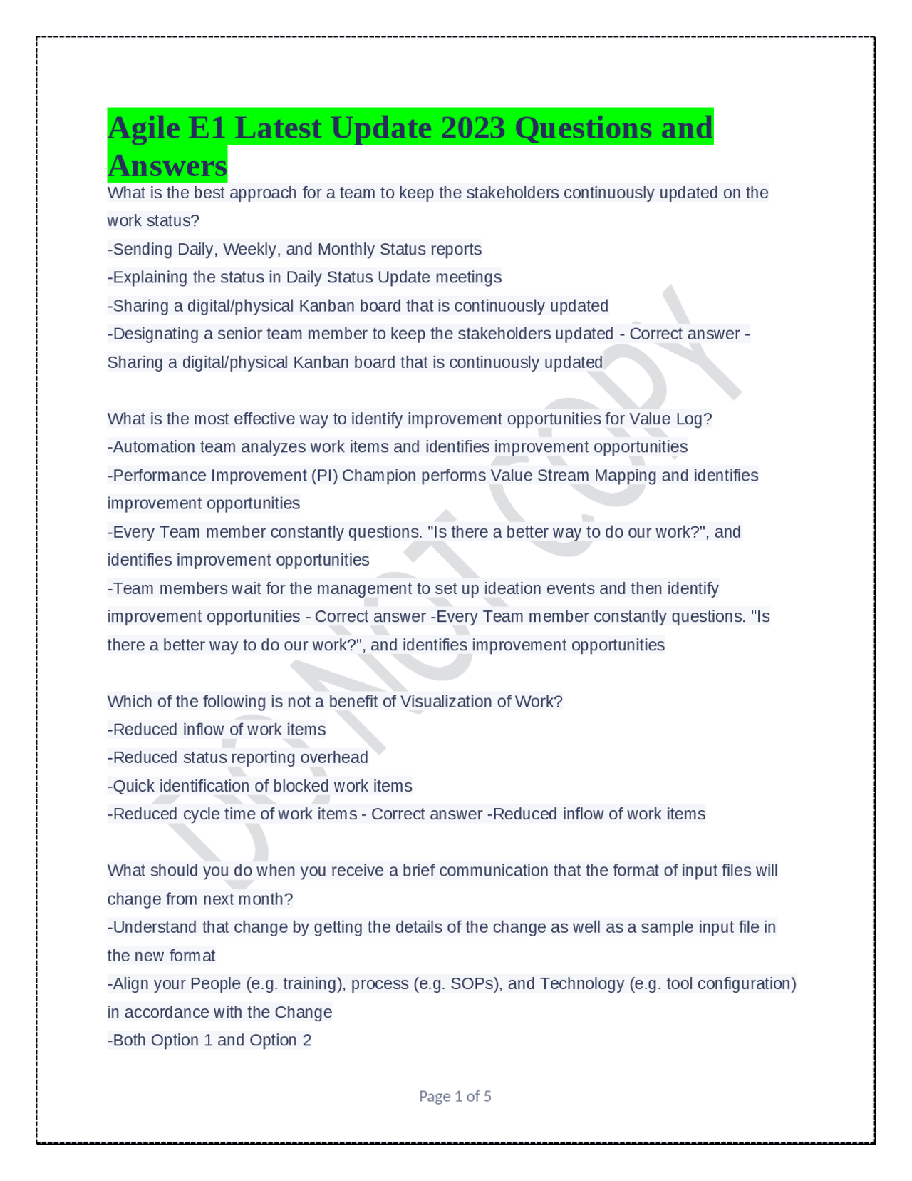 Agile E1 Latest Update 2023 Questions and Answers | Exams Energy and ...
