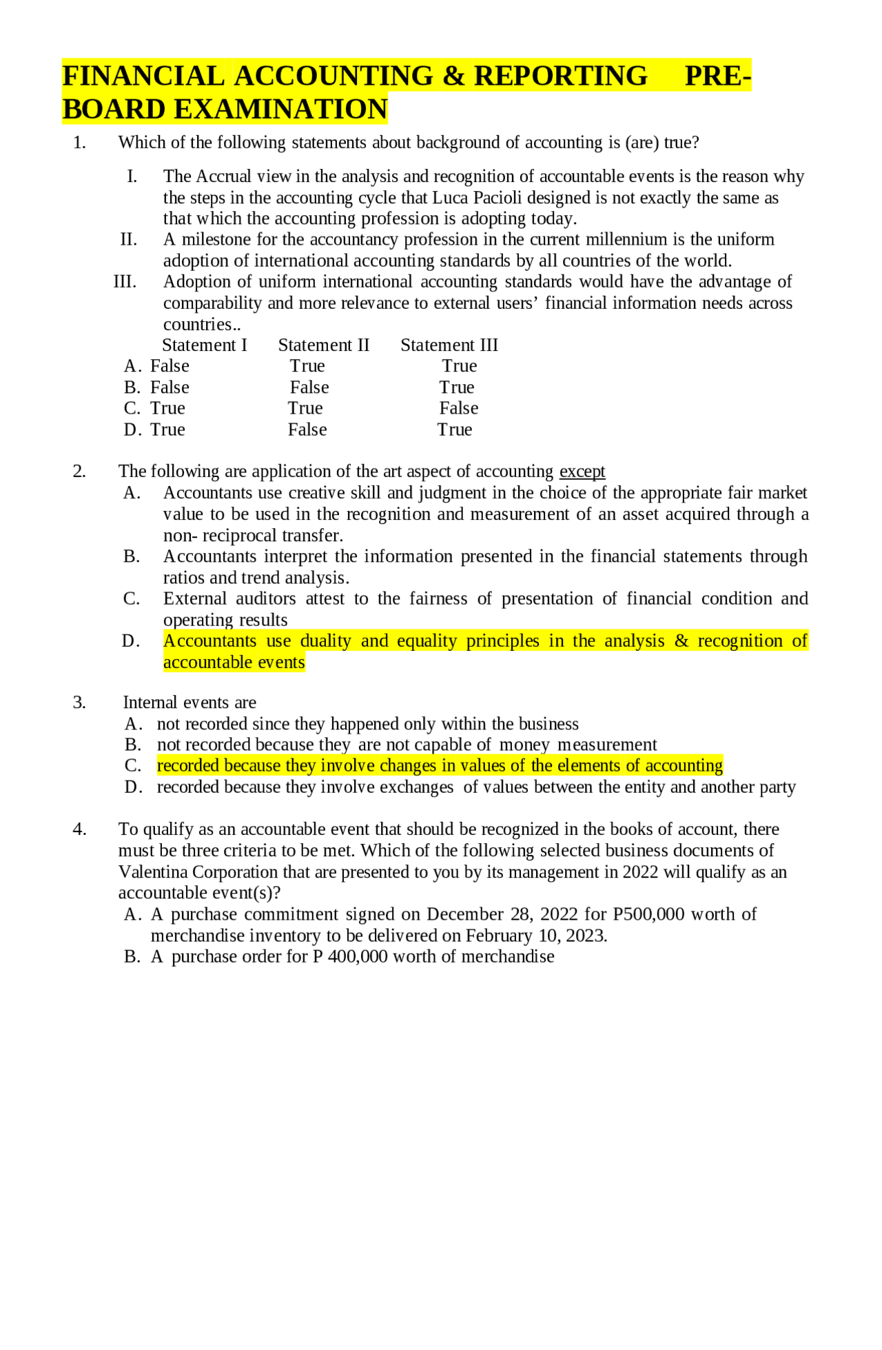 FINANCIAL ACCOUNTING & REPORTING PRE-BOARD EXAMINATION | Exams Business ...