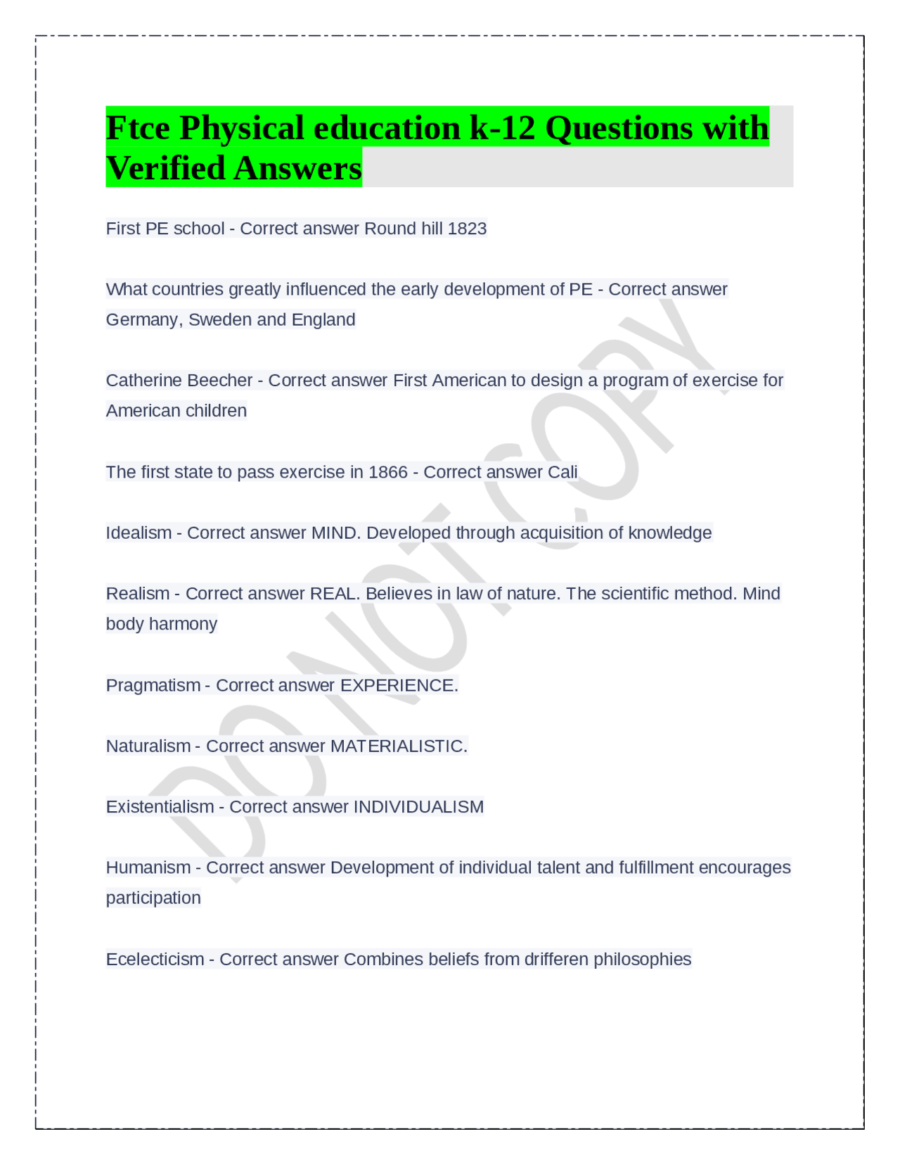 Ftce Physical education k-12 Questions with Verified Answers | Exams ...