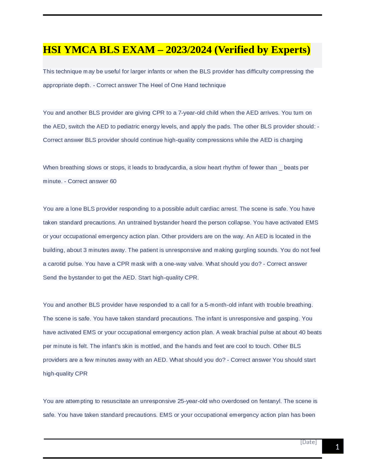 HSI YMCA BLS EXAM – 2023/2024 (Verified by Experts) | Exams Health ...