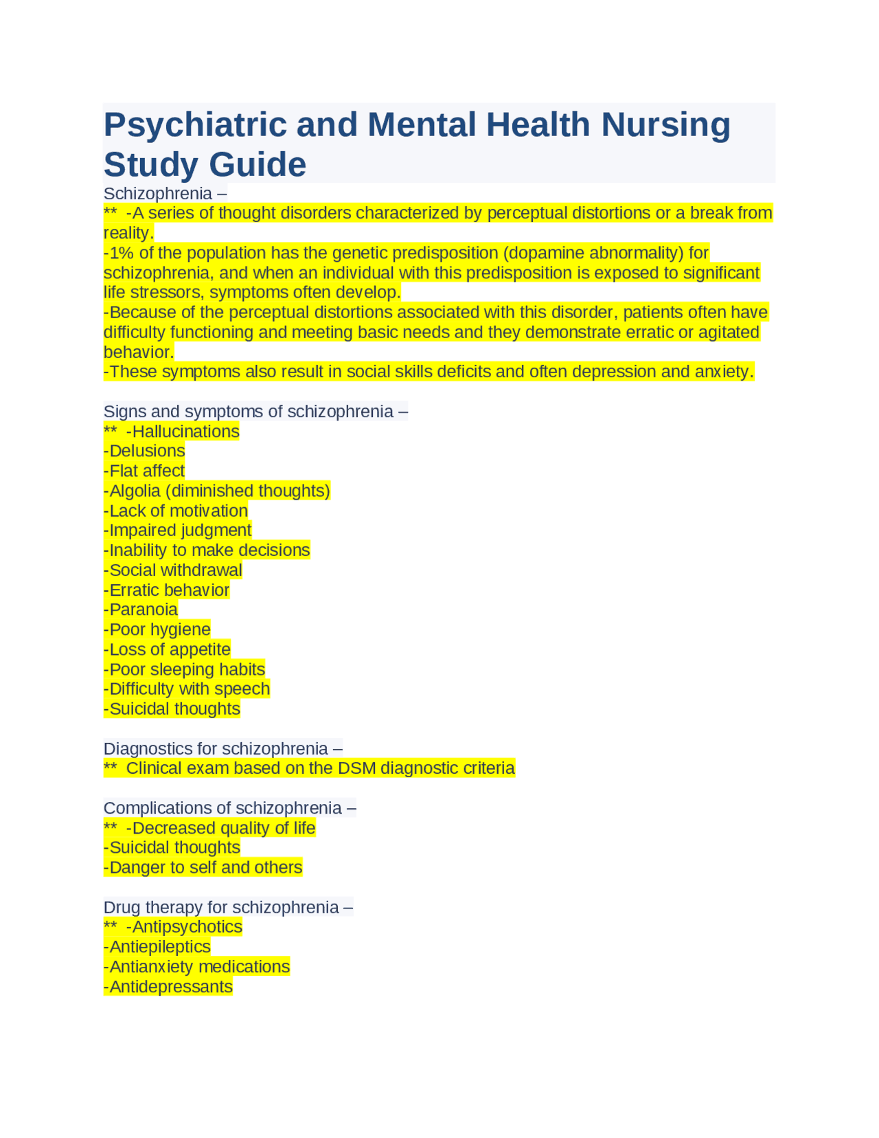 Psychiatric and Mental Health Nursing Study Guide | Study Guides ...