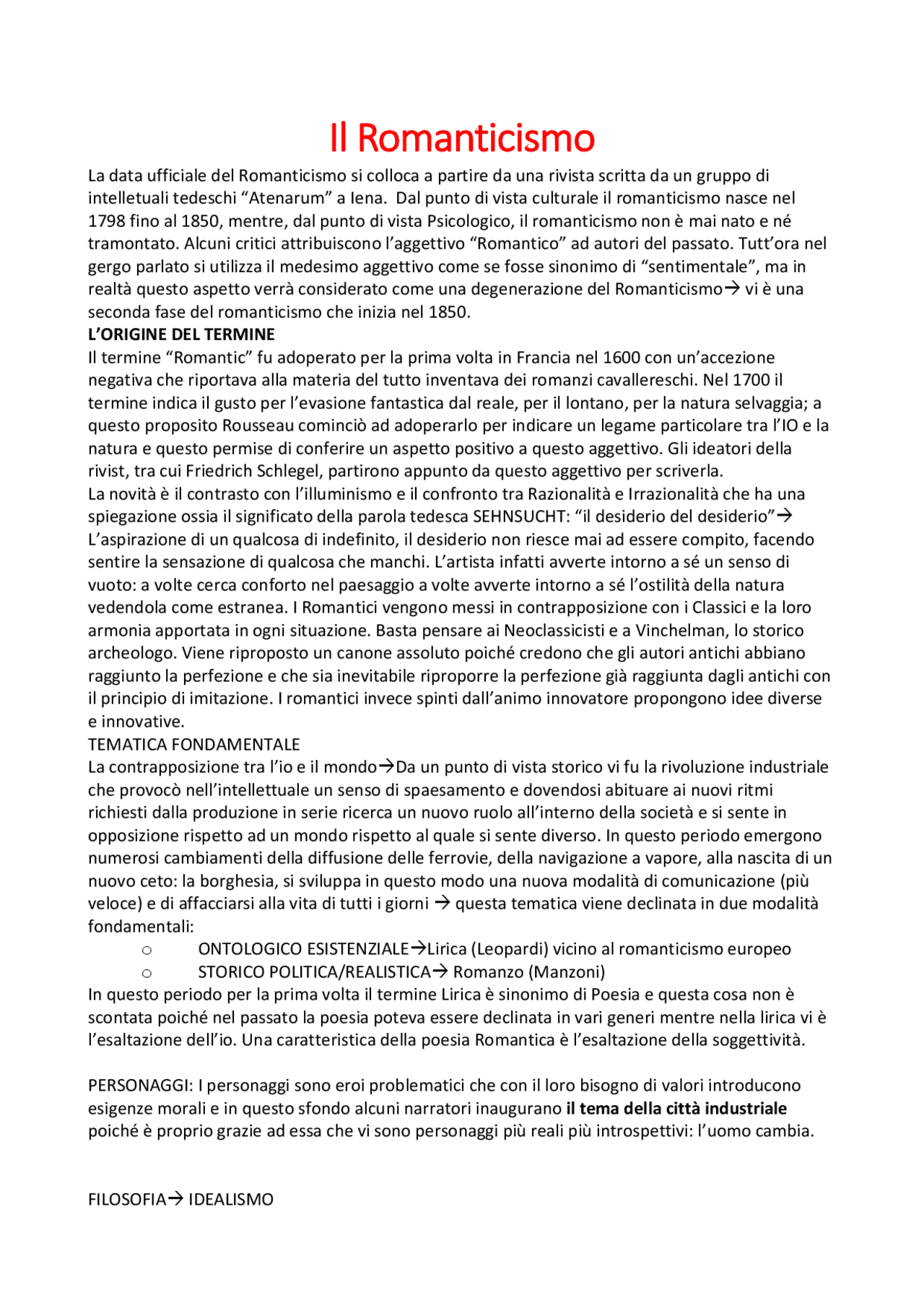 Il romanticismo in Europa in Italia | Dispense di Italiano | Docsity
