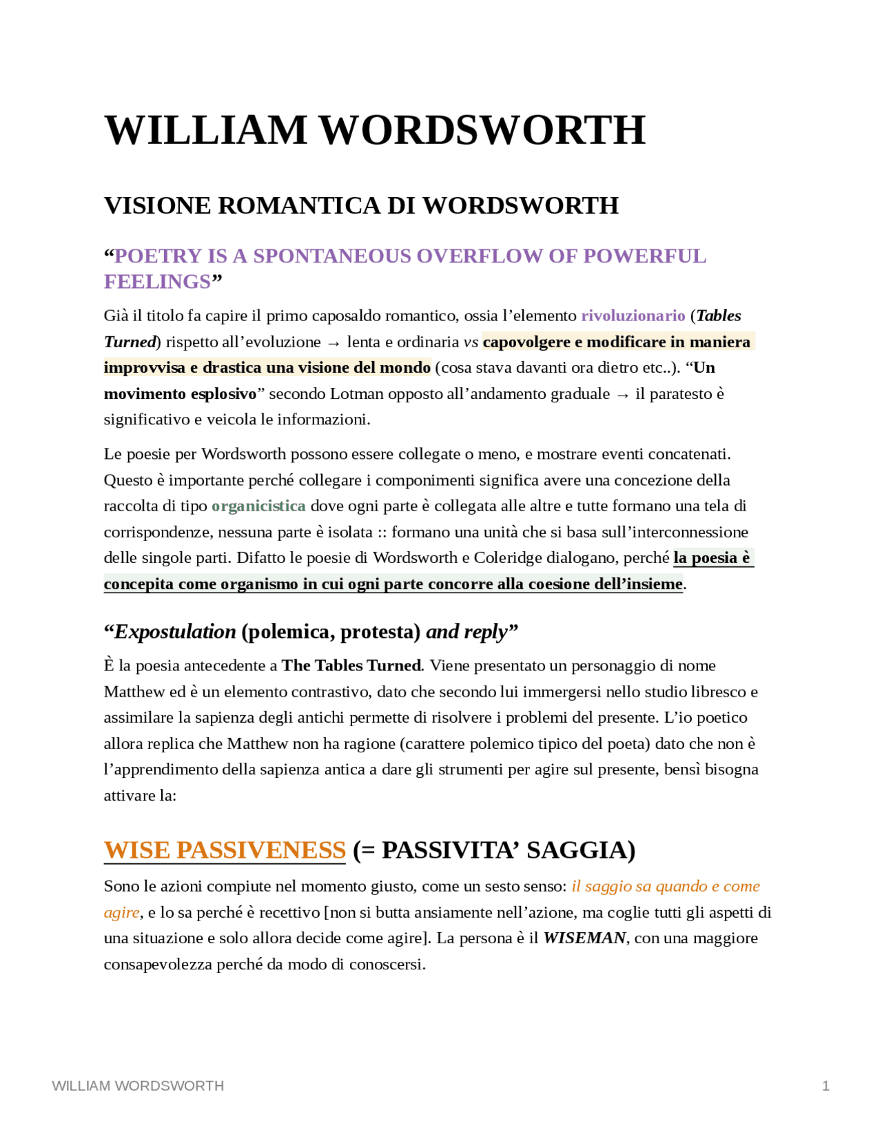 William Wordsworth (completo) | Sbobinature di Letteratura Inglese | Docsity