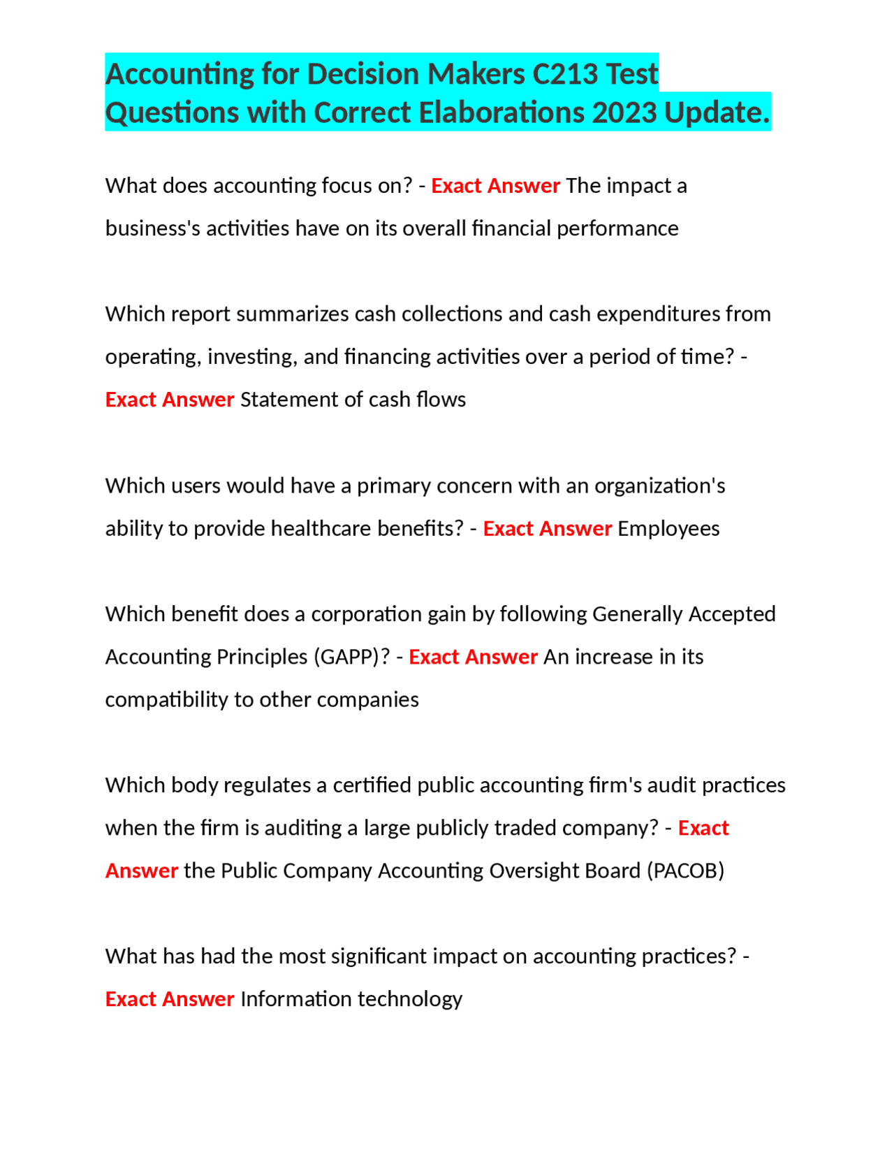 Accounting for Decision Makers C213 Test Questions with Correct ...