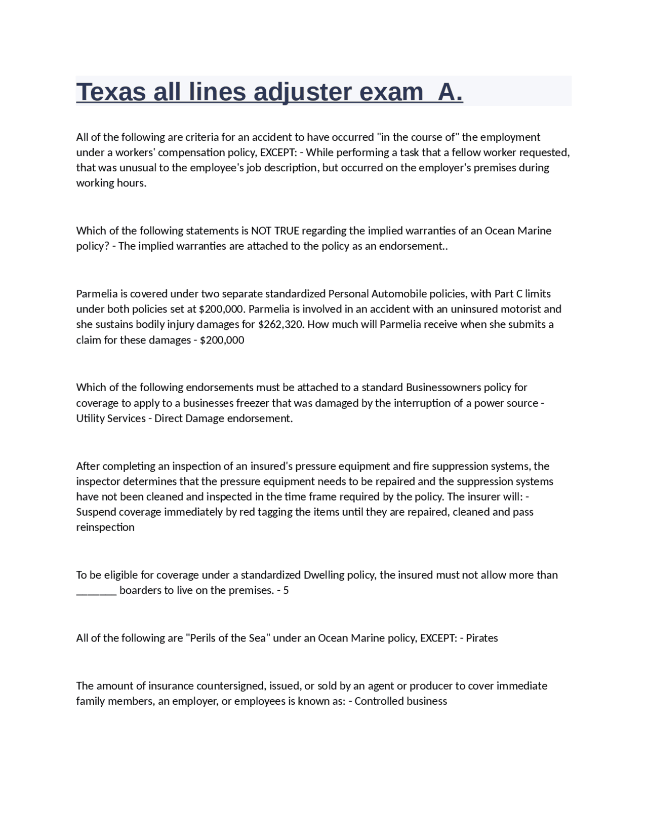 Texas_all_lines_adjuster_exam.docx | Exams Allergology | Docsity