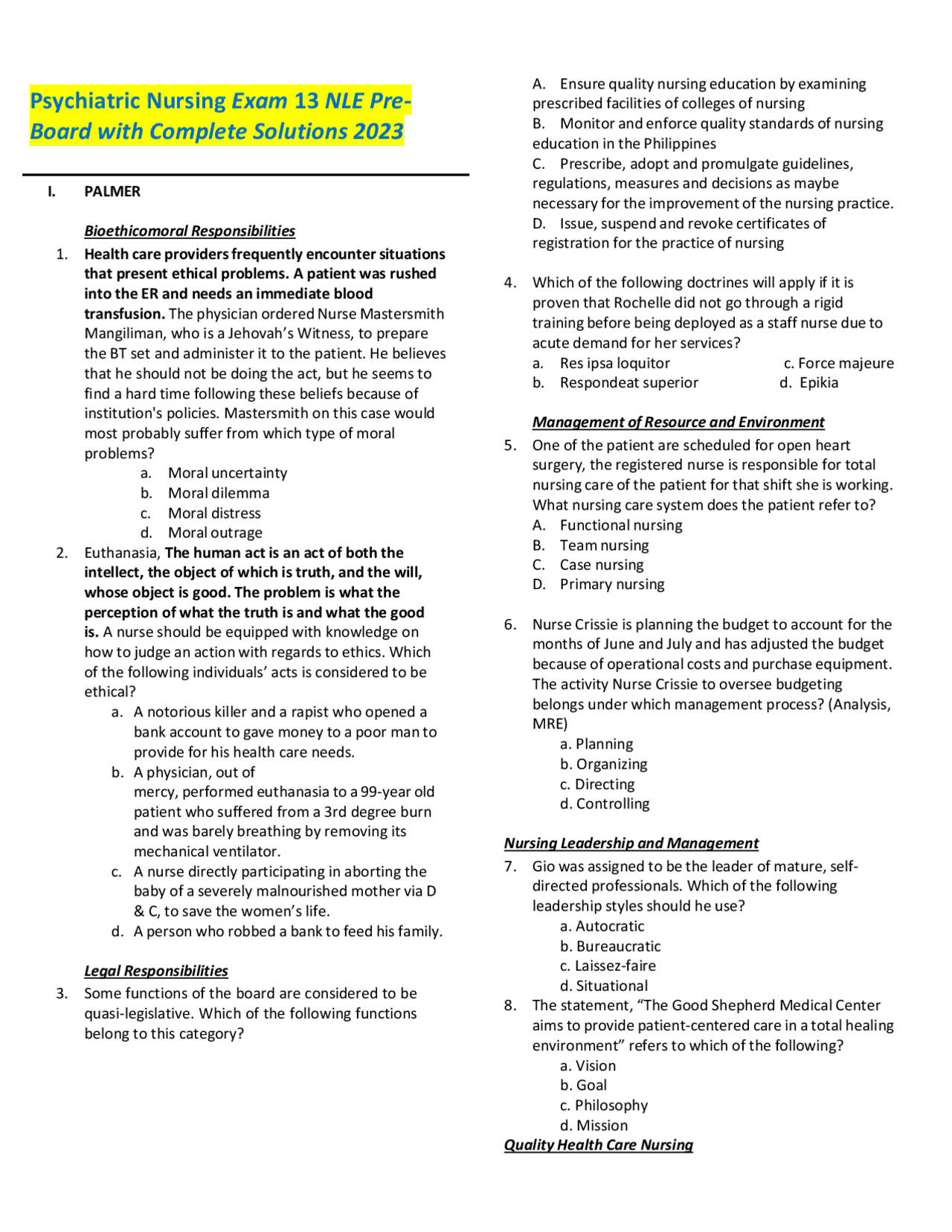Psychiatric Nursing Exam 13 NLE Pre-Board with Complete Solutions 2023 ...