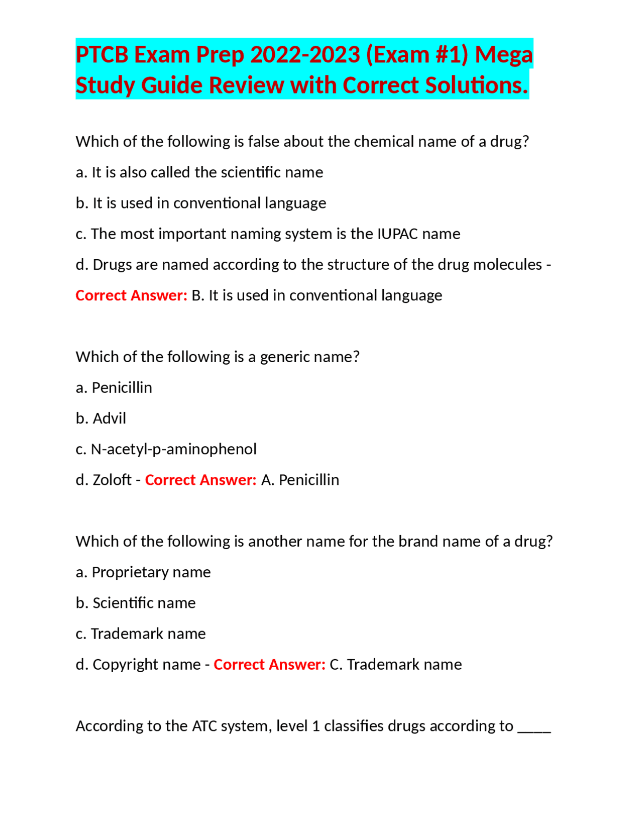 PTCB Exam Prep 2022-2023 (Exam #1) Mega Study Guide Review with Correct ...