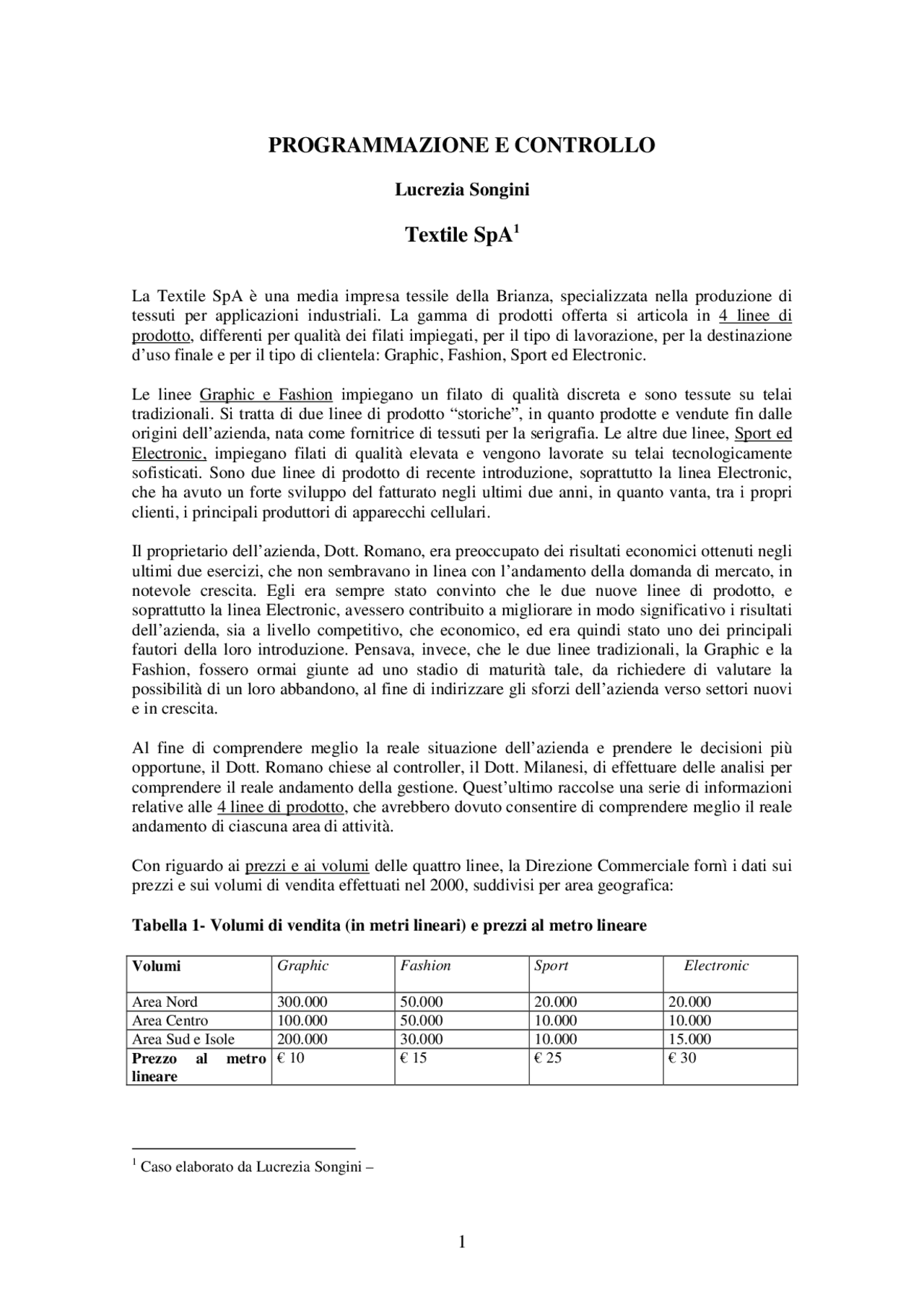 Esercizio Caso Textile | Esercizi di Programmazione e controllo | Docsity