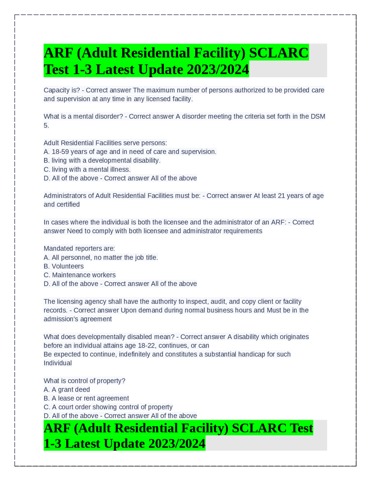 ARF (Adult Residential Facility) SCLARC Test 1-3 Latest Update 2023/ ...