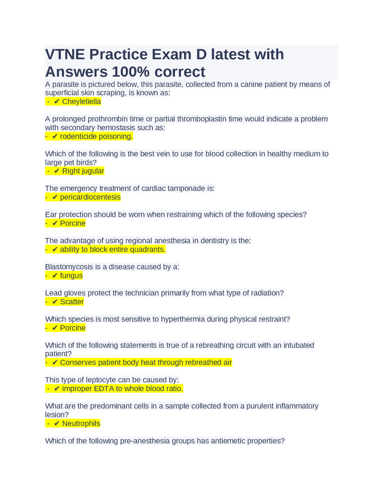 VTNE Practice Exam D latest with Answers 100% correct | Exams Nursing ...