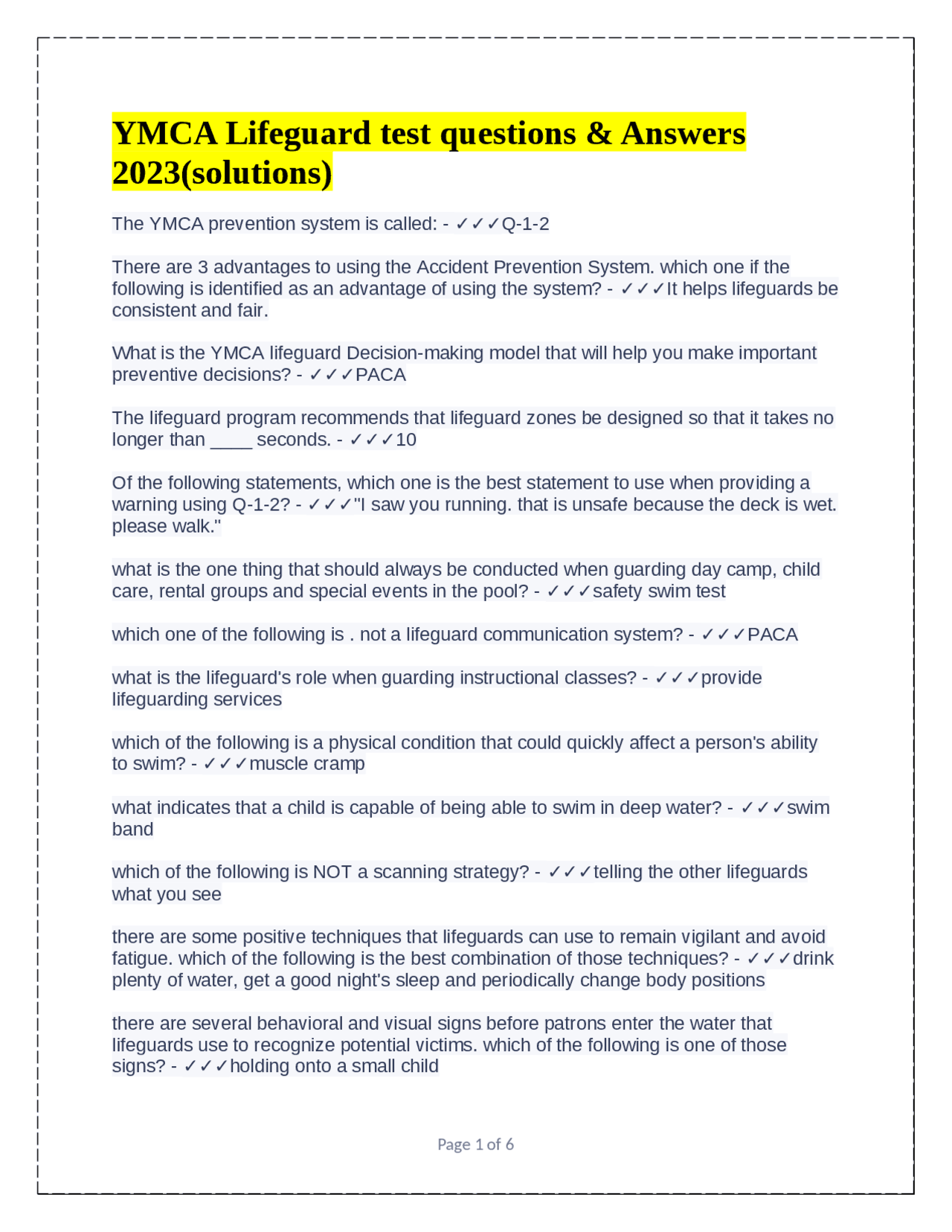 `YMCA Lifeguard test questions & Answers 2023(solutions) | Exams Health ...