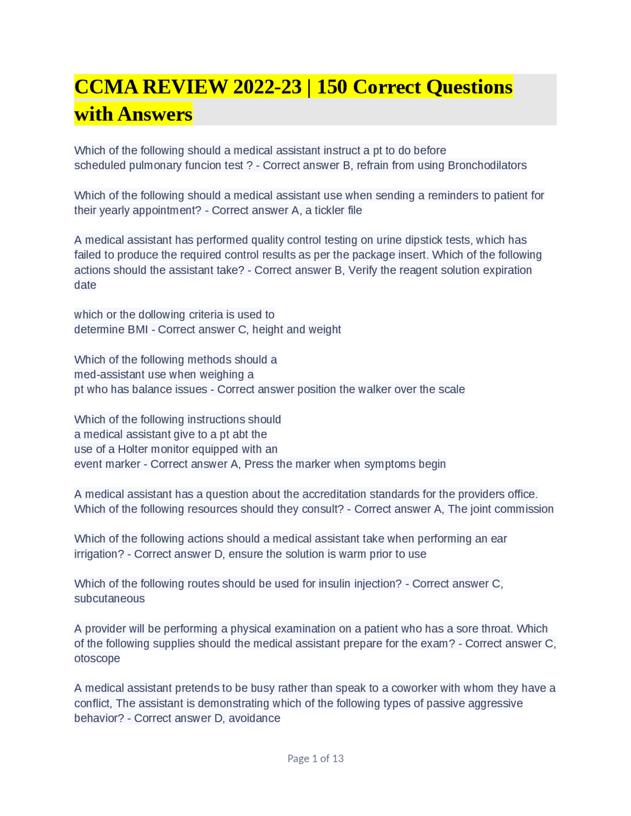 CCMA REVIEW 2022-23 | 150 Correct Questions with Answers | Exams ...