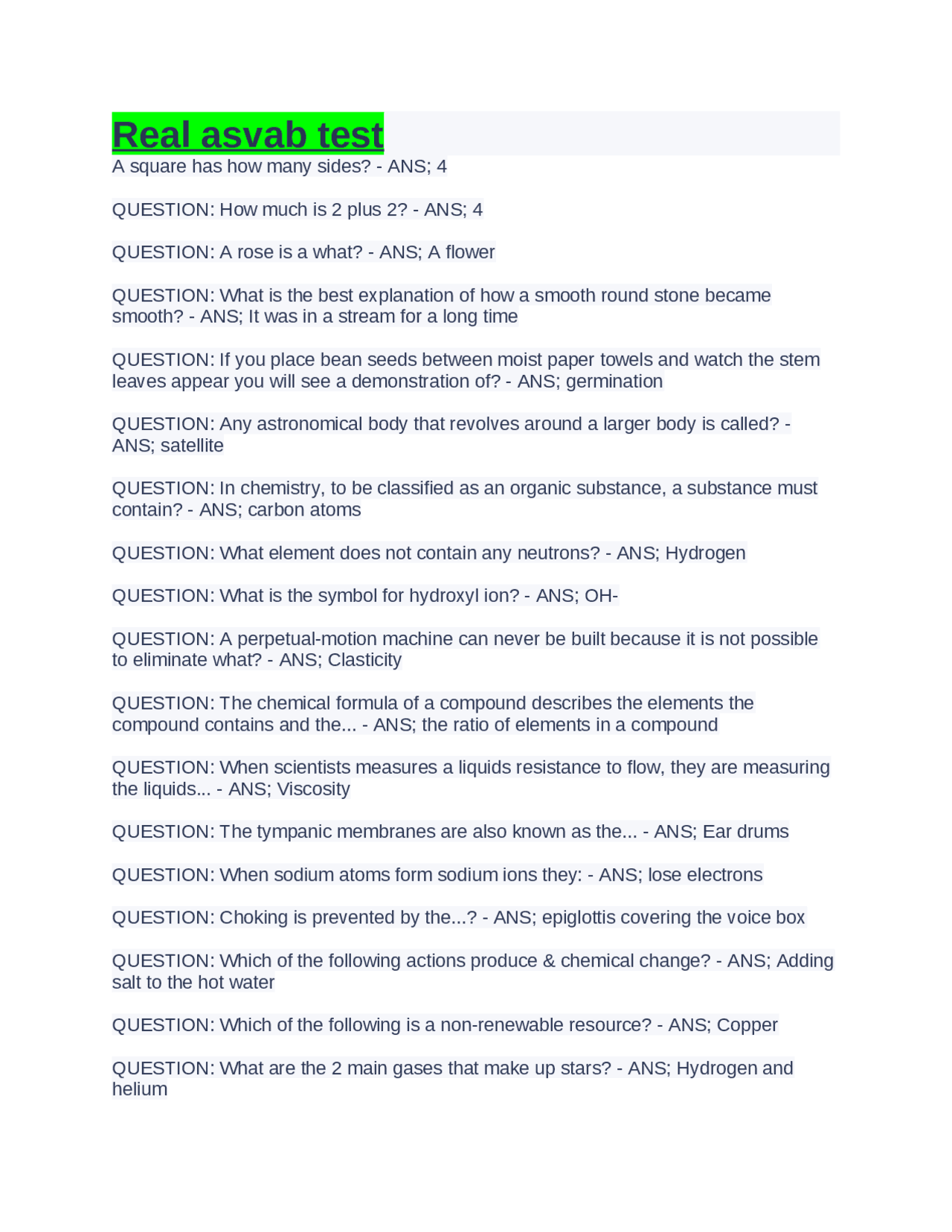 Real asvab test Real asvab test | Exams Nursing | Docsity