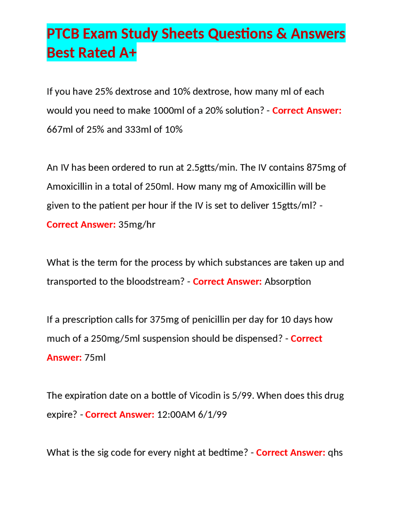 PTCB Exam Study Sheets Questions & Answers Best Rated A+ | Exams ...