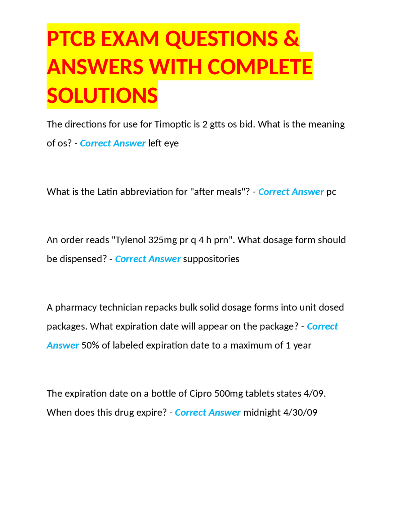 PTCB EXAM QUESTIONS & ANSWERS WITH COMPLETE SOLUTIONS | Exams Nursing ...