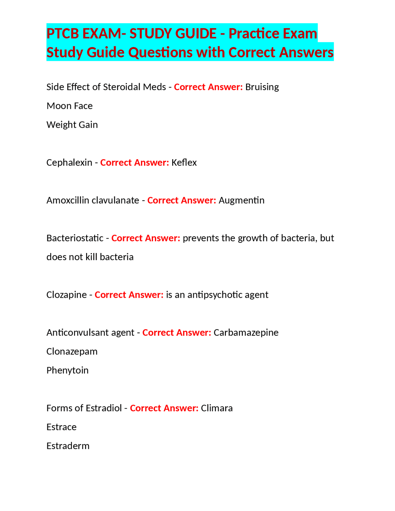 PTCB PRACTICE TESTS - FINAL EXAM STUDY GUIDE WITH CORRECT SOLUTIONS ...