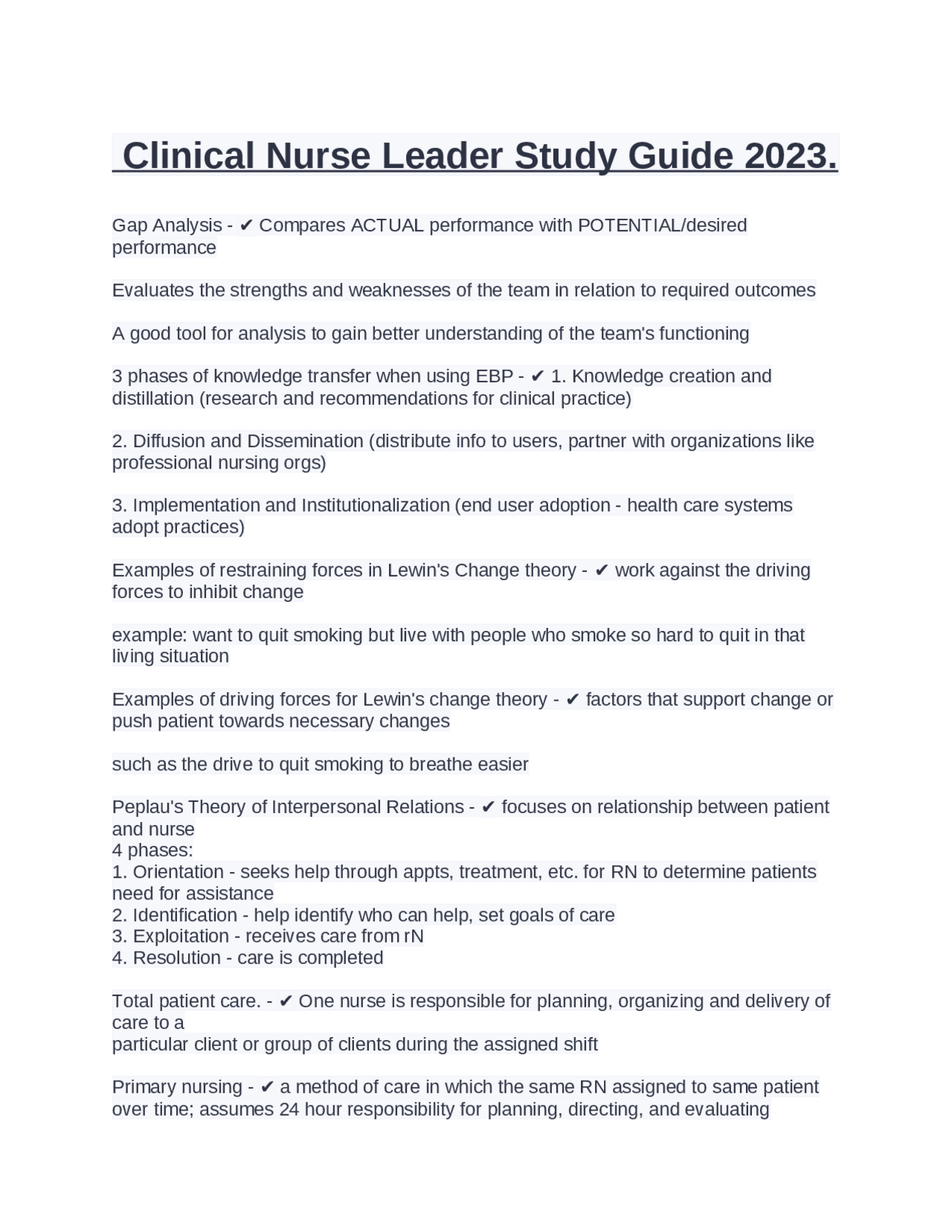 Clinical Nurse Leader Study Guide 2023. | Exams Nursing | Docsity