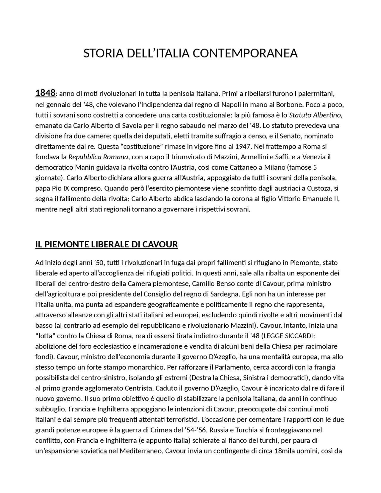 Storia dell'Italia Riassunto Chiave | Dispense di Storia dell'Italia | Docsity