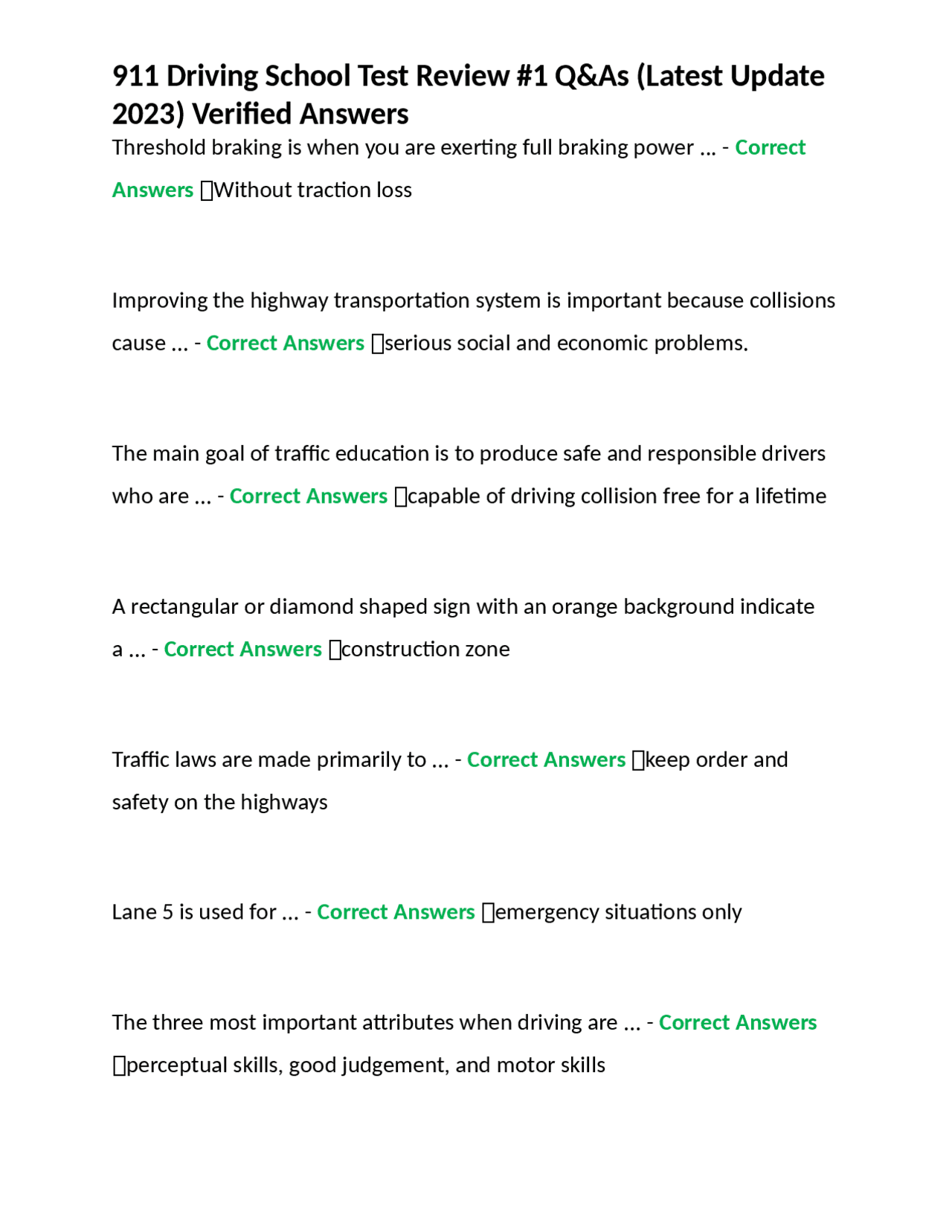 911 Driving School Test Review #1 Q&As (Latest Update 2023) Verified ...
