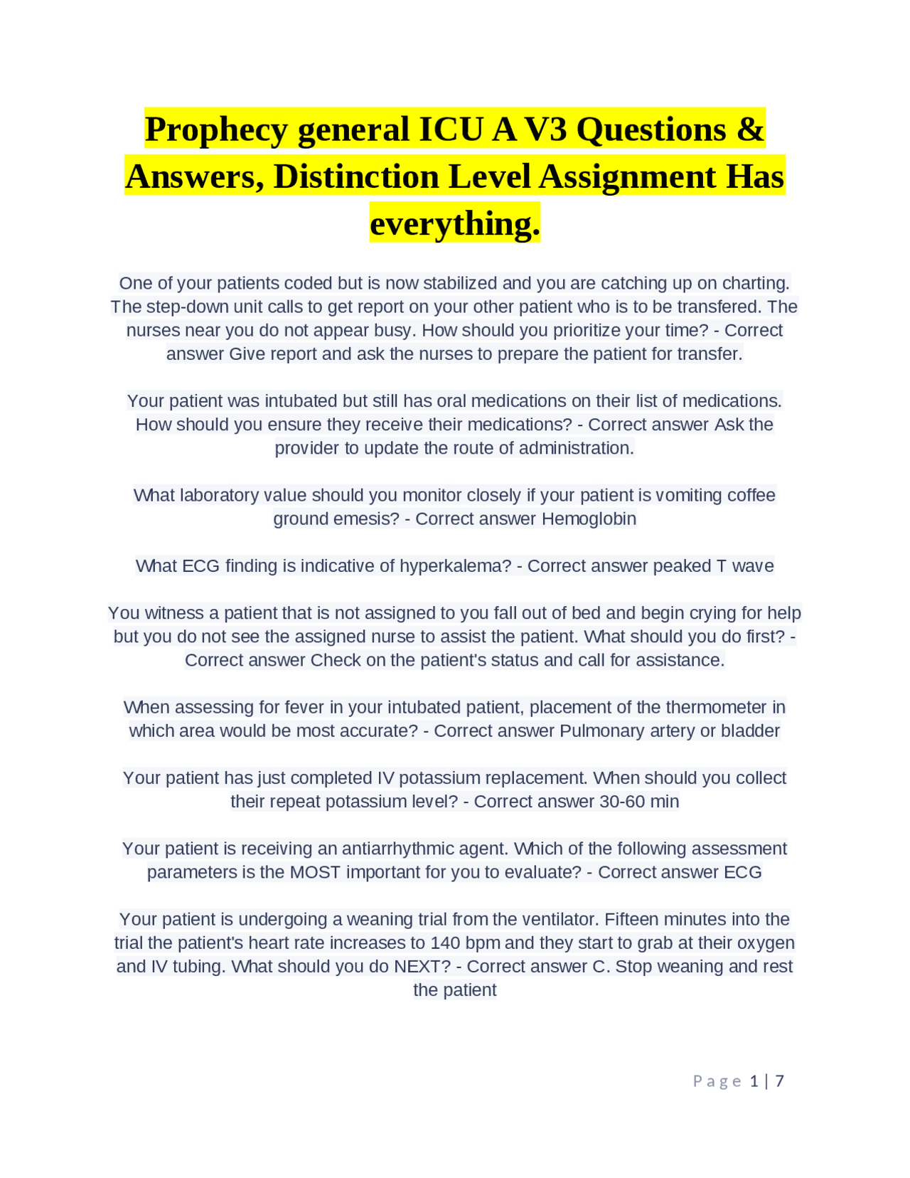 Prophecy general ICU A V3 Questions & Answers, Distinction Level ...