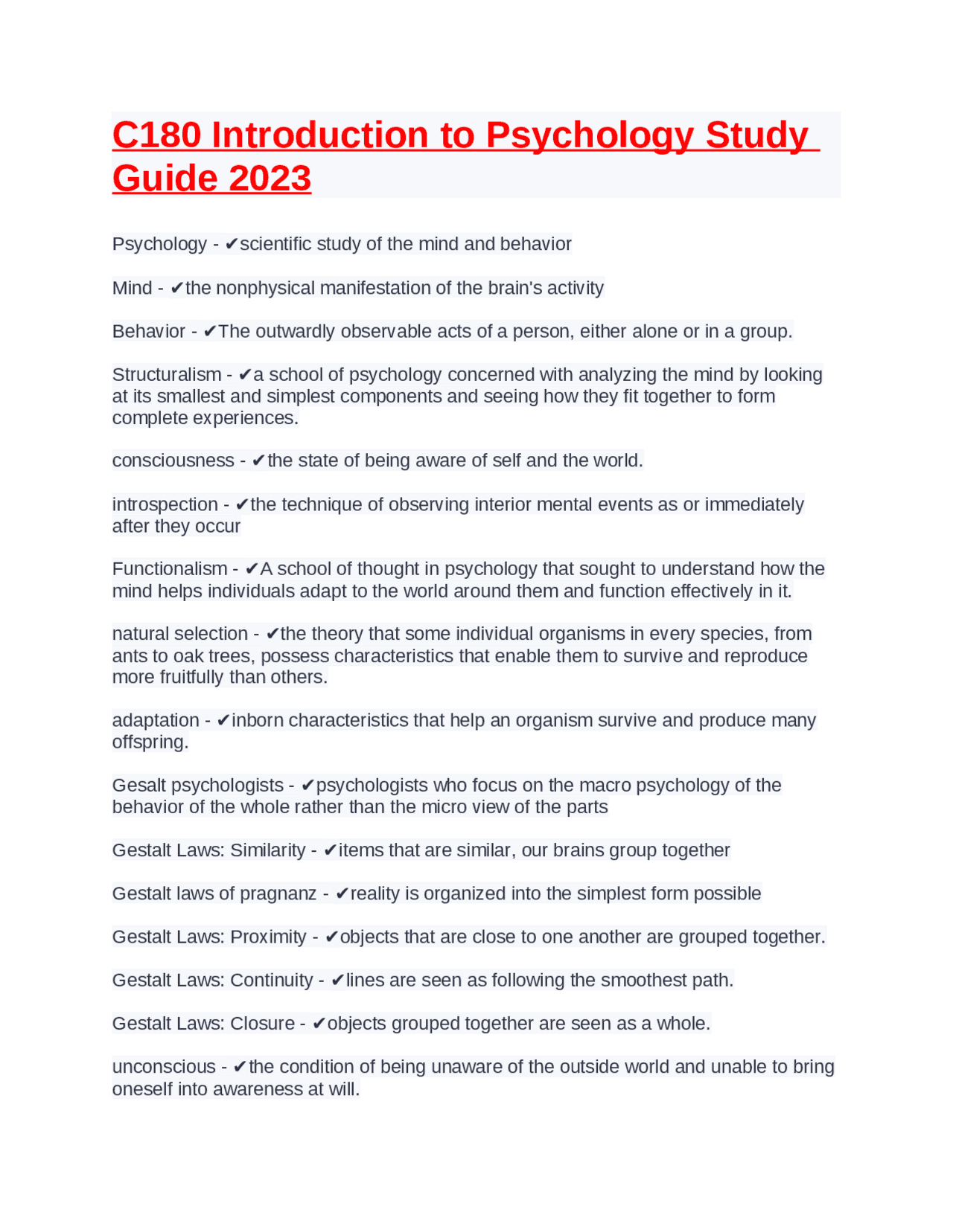 C180 Introduction to Psychology Study Guide 2023 | Exams Nursing | Docsity