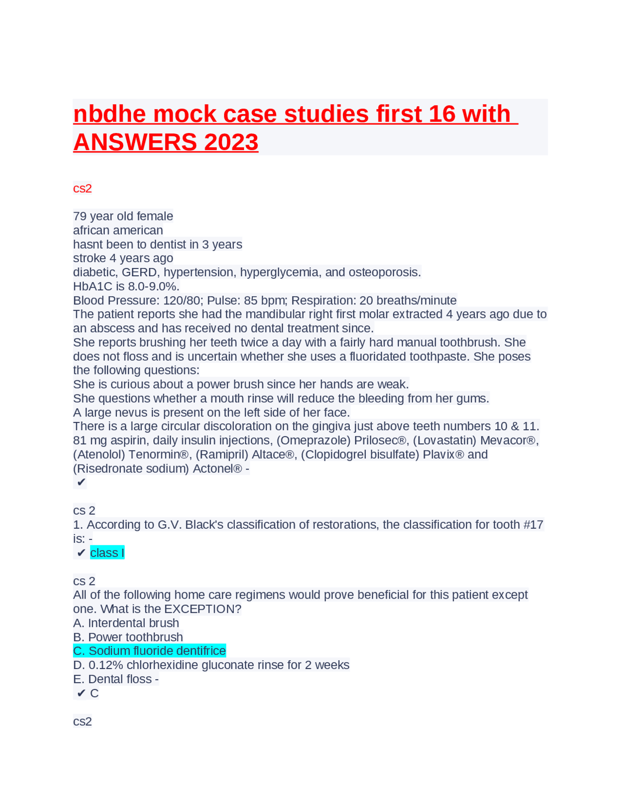 nbdhe mock case studies first 16 with ANSWERS 2023 | Exams Dentistry ...