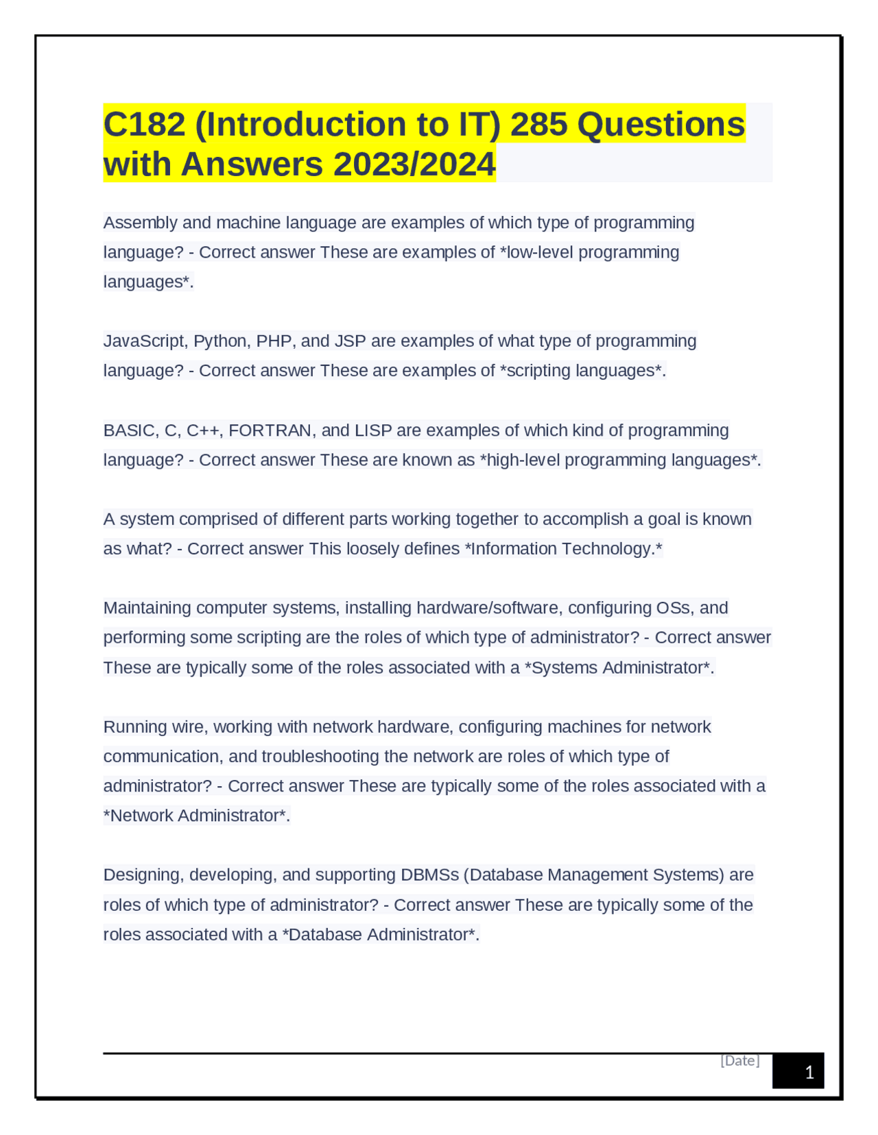 C182 Introduction To It 285 Questions With Answers 20232024 Exams
