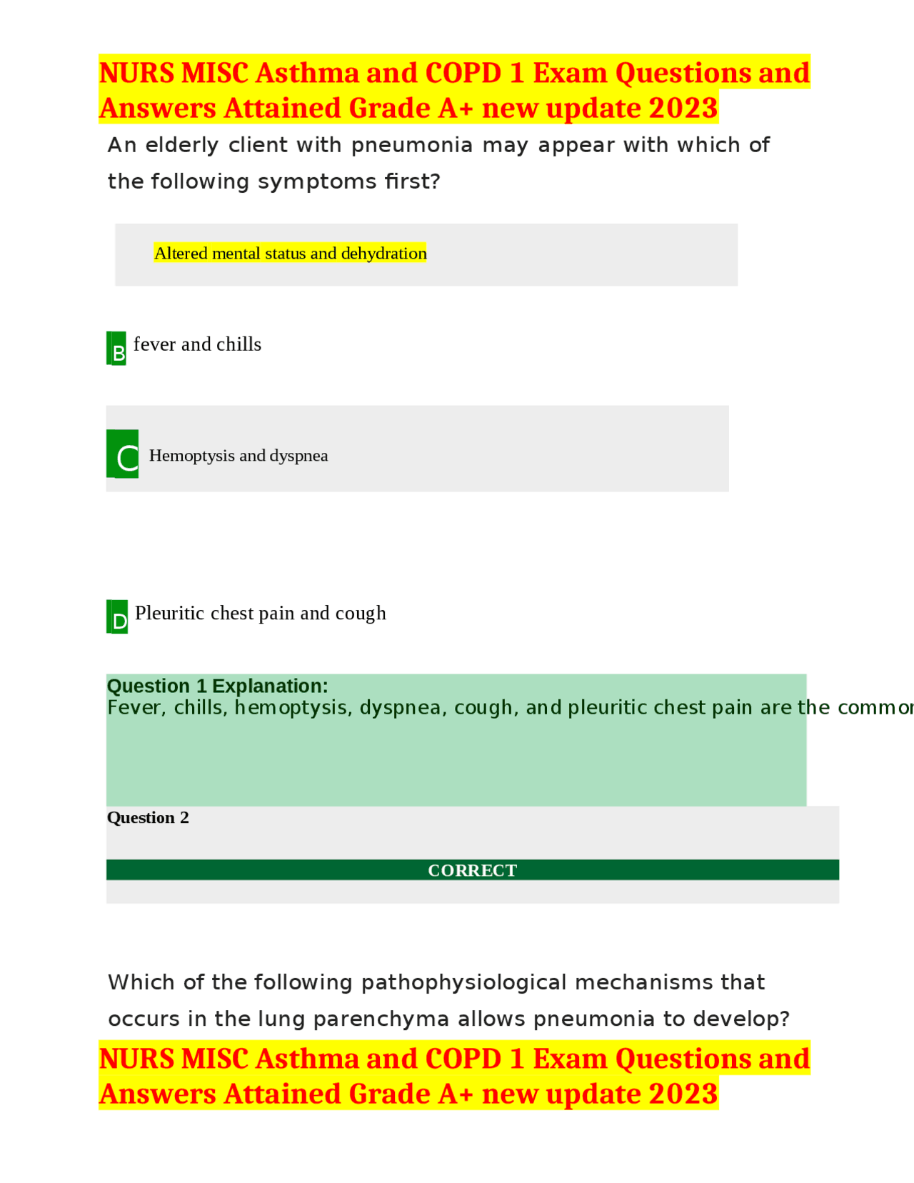 Nurs Misc Asthma And Copd 1 Exam Questions And Answers Attained Grade