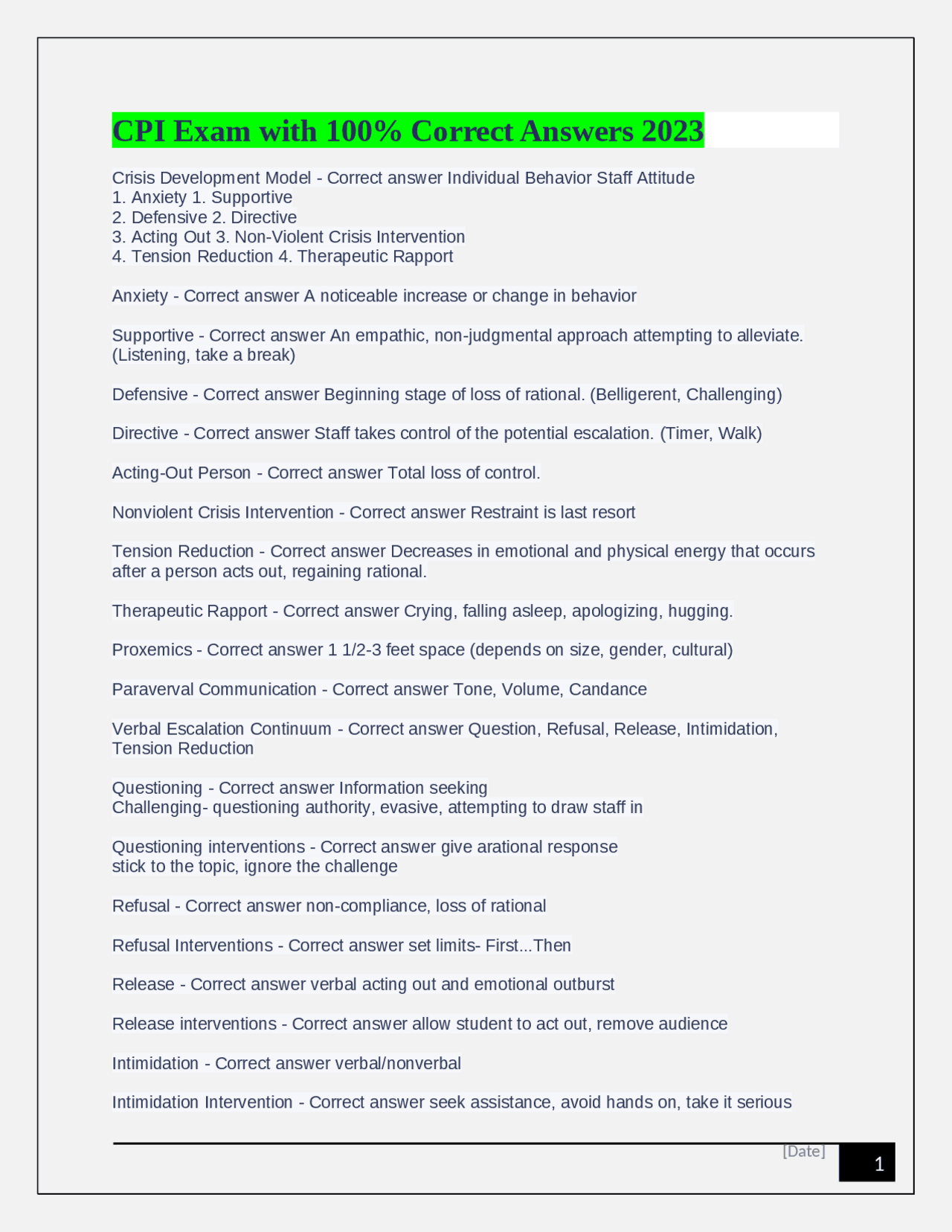CPI Exam with 100% Correct Answers 2023 | Quizzes Personal Health | Docsity