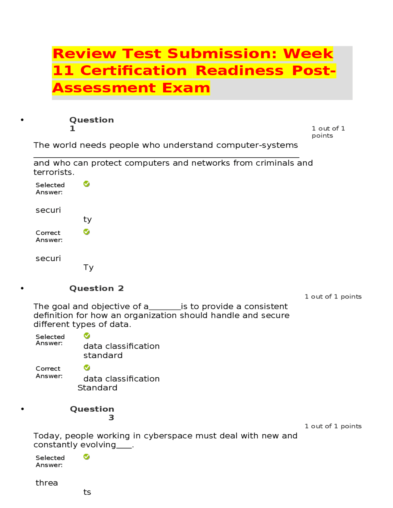 Review Test Submission: Week 11 Certification Readiness Post-Assessment ...