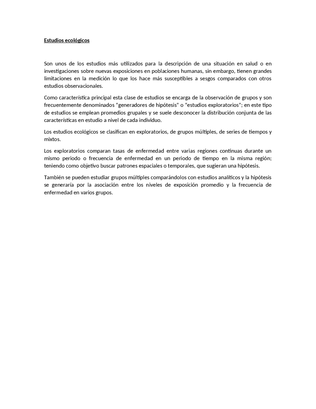 ESTUDIOS ECOLOGICOS, TIPOS DE ESTUDIOS | Resúmenes de Estadística | Docsity